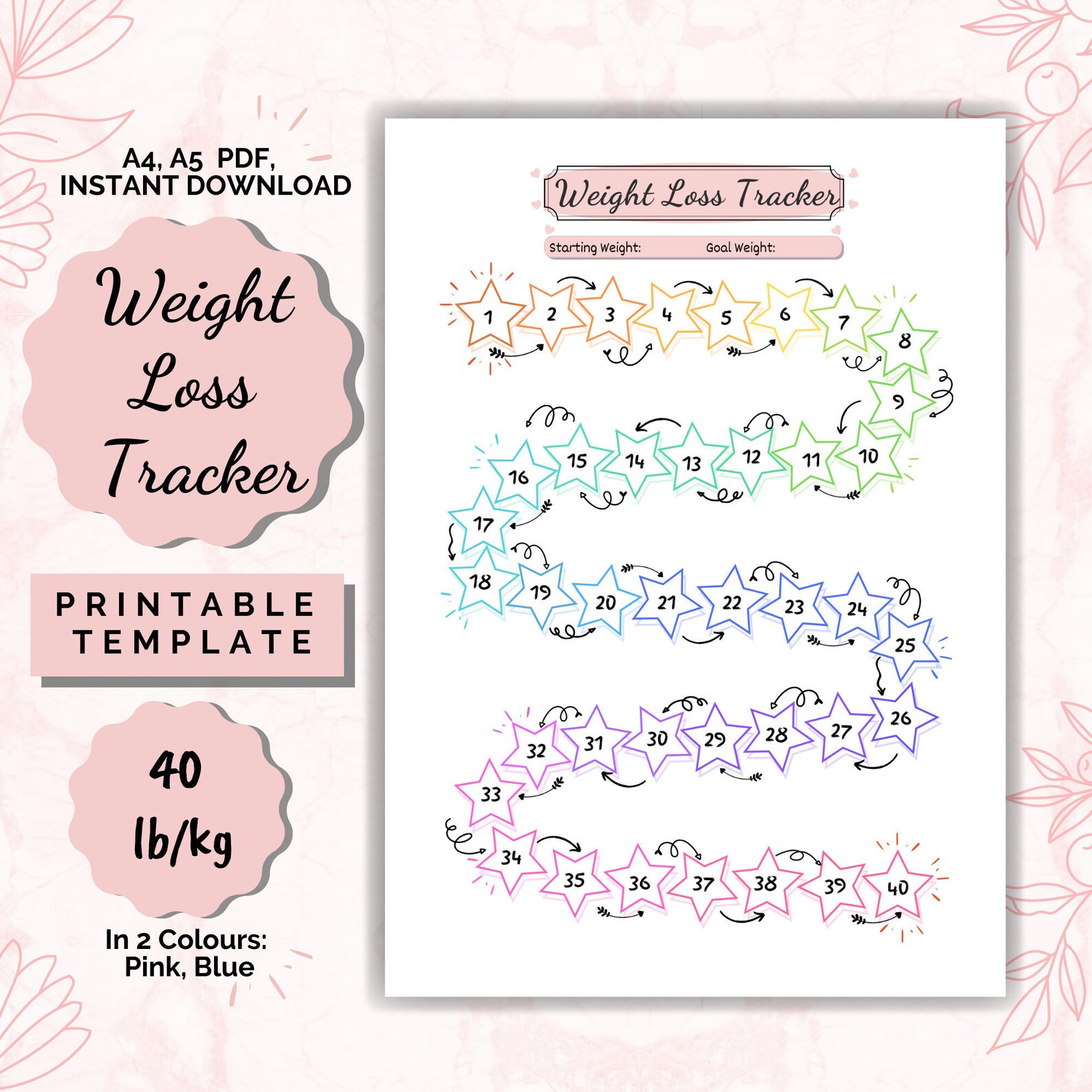 Weight Loss Tracker Printable 40 Lb/kg, Weight Loss Chart Motivational ...
