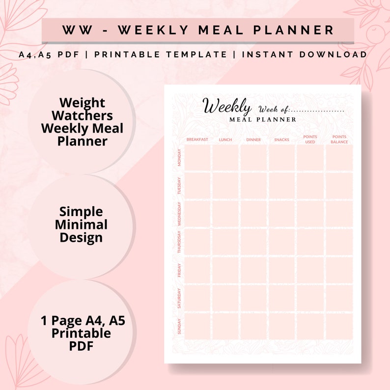 Weight Watchers Meal Planner Food Diary Weekly Meal Plan Weekly Food