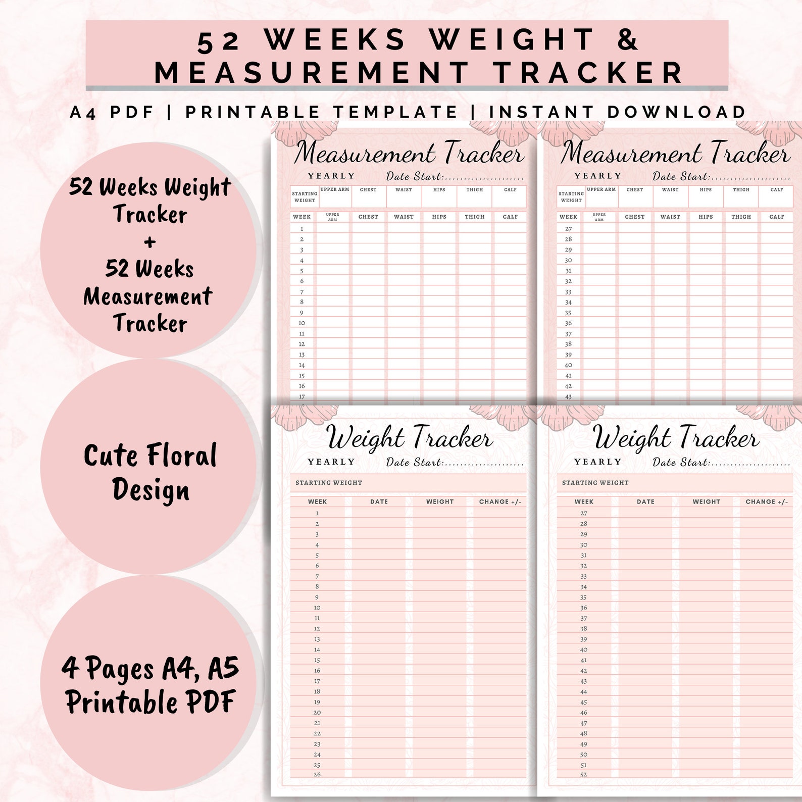 Weight Loss Tracker 52 Weeks Printable, Weight Loss Chart, Measurement ...