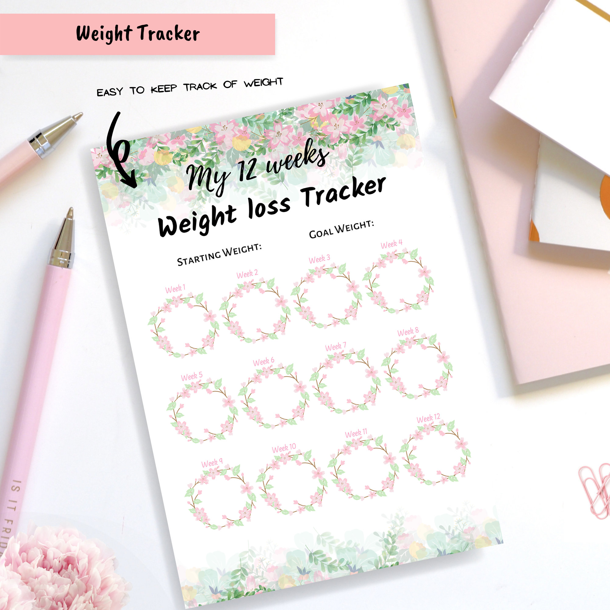 Weight Loss Tracker 12 Weeks, Weight Loss Chart Printable, Motivational ...