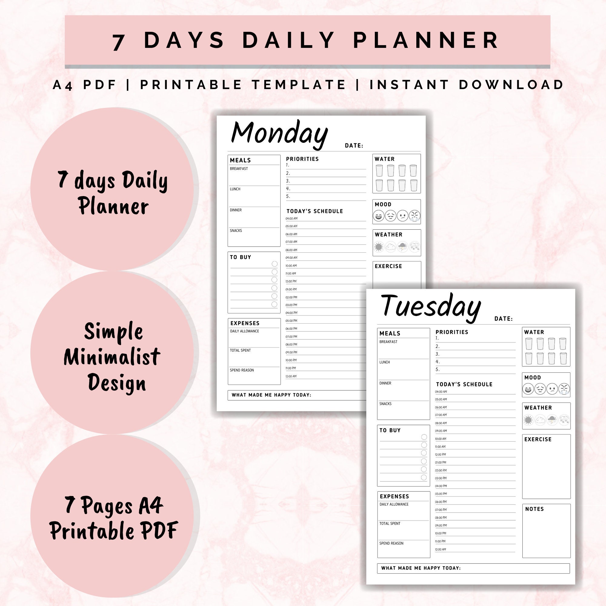7 Days Daily Planner, Daily Organizer, Daily Planner, Daily Schedule ...