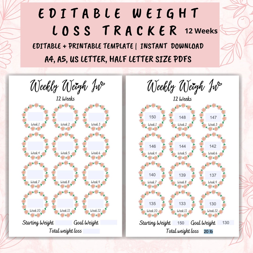 EDITABLE PDF Weight Loss Tracker 12 Weeks, Weight Loss Chart ...