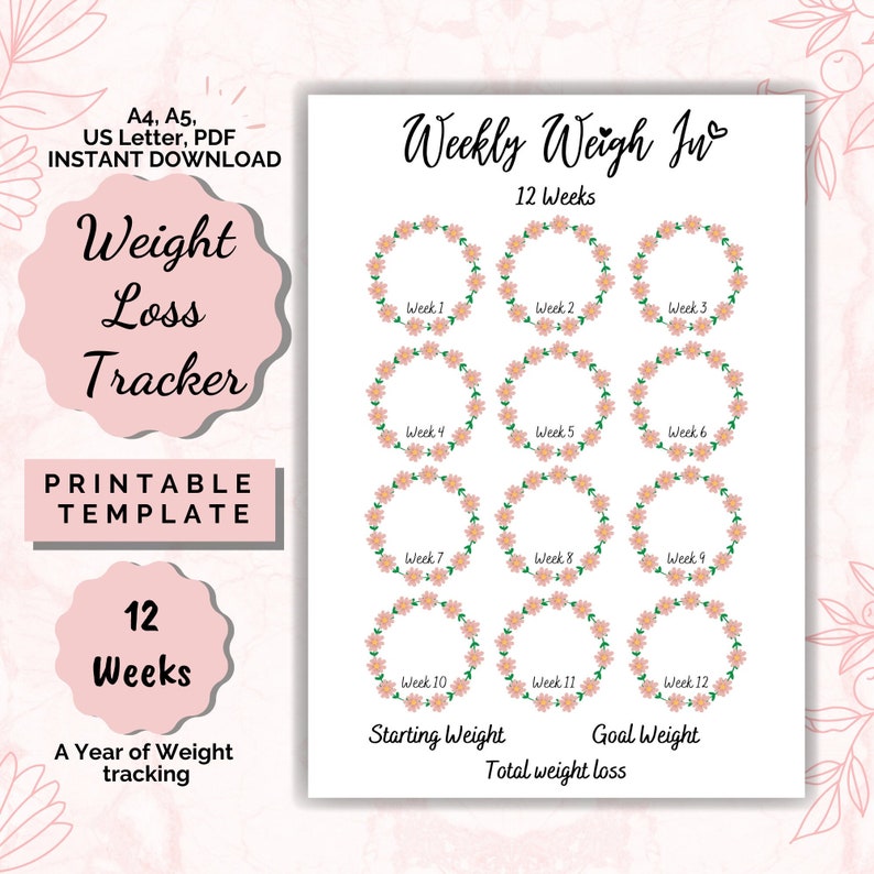 Weight Tracker 12 Weeks, Weight Loss Chart, Motivational Chart, Weight ...