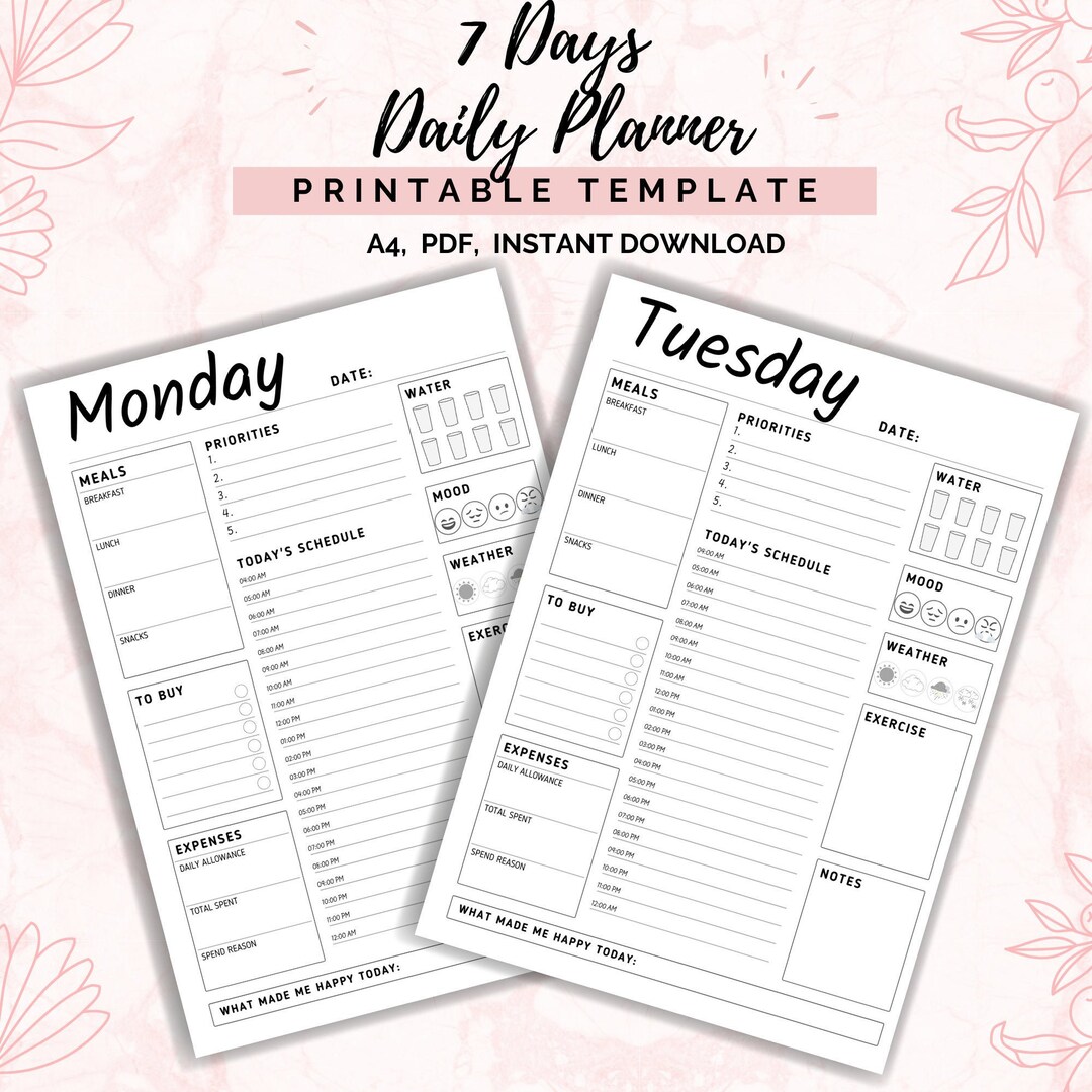7 Days Daily Planner, Daily Organizer, Daily Planner, Daily Schedule ...