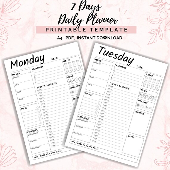 7 Days Daily Planner Daily Organizer Daily Planner Daily - Etsy