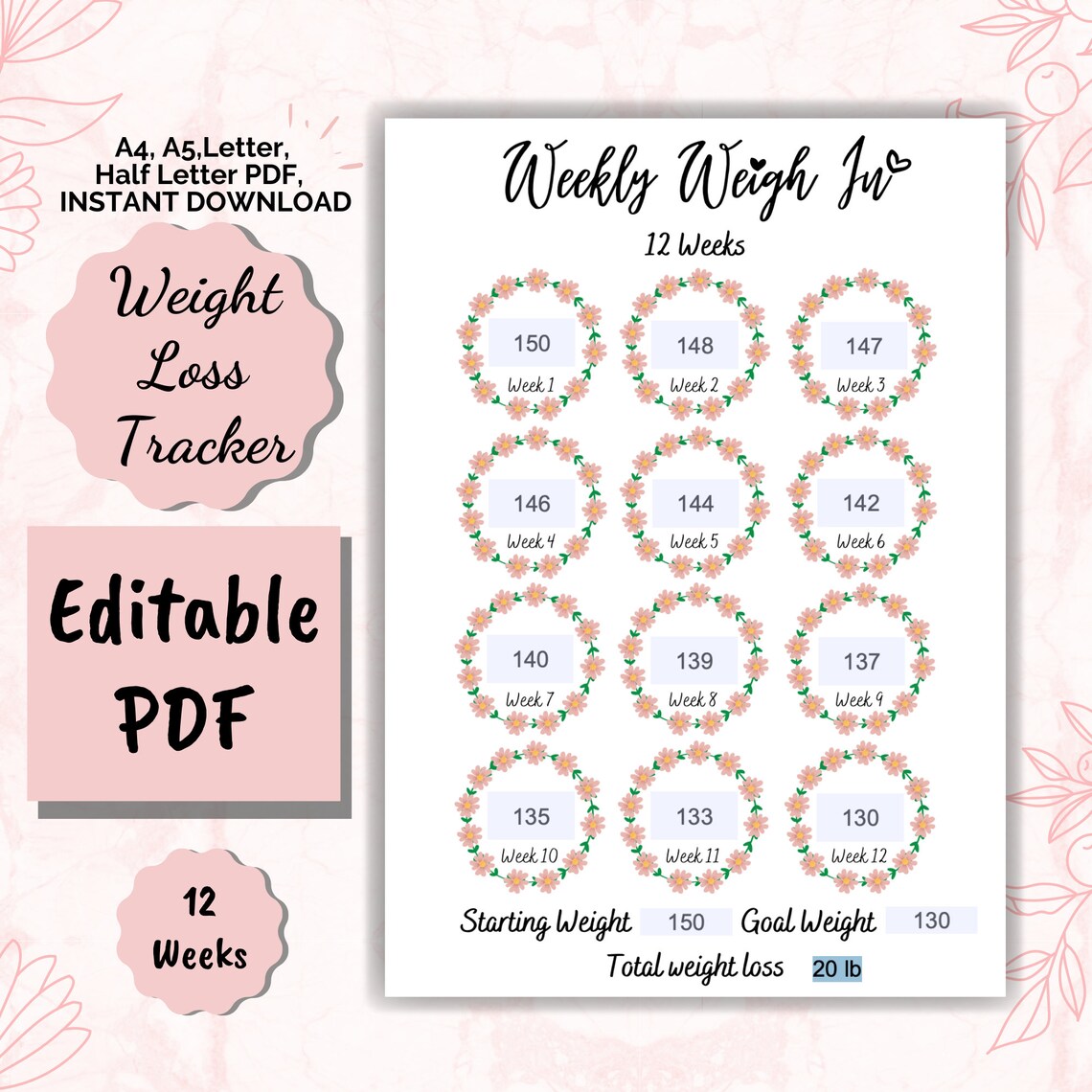 EDITABLE PDF Weight Loss Tracker 12 Weeks Weight Loss Chart - Etsy