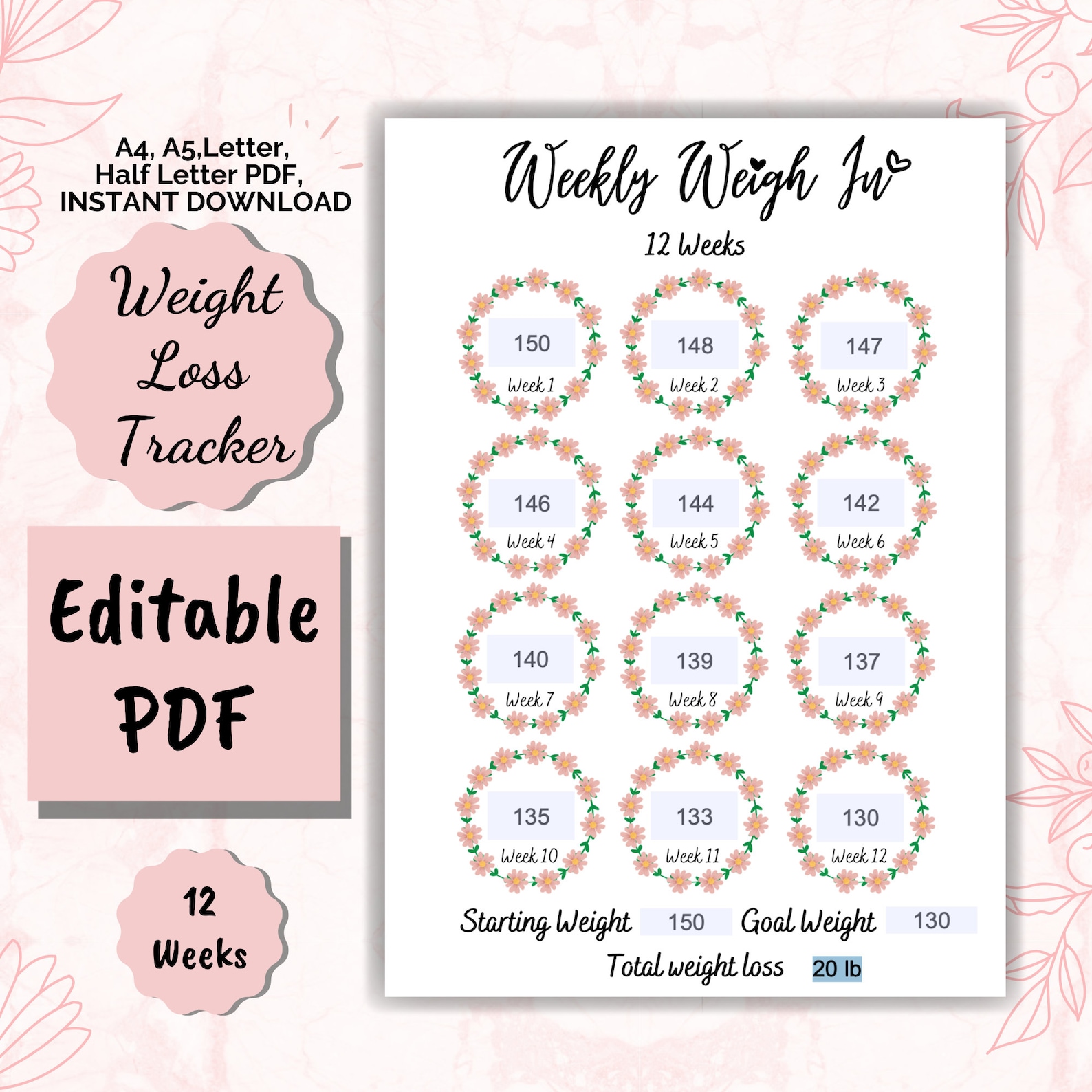 EDITABLE PDF Weight Loss Tracker 12 Weeks Weight Loss Chart - Etsy