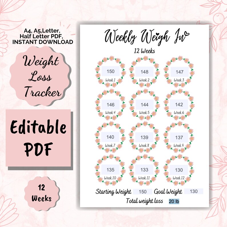 EDITABLE PDF Weight Loss Tracker 12 Weeks Weight Loss Chart | Etsy