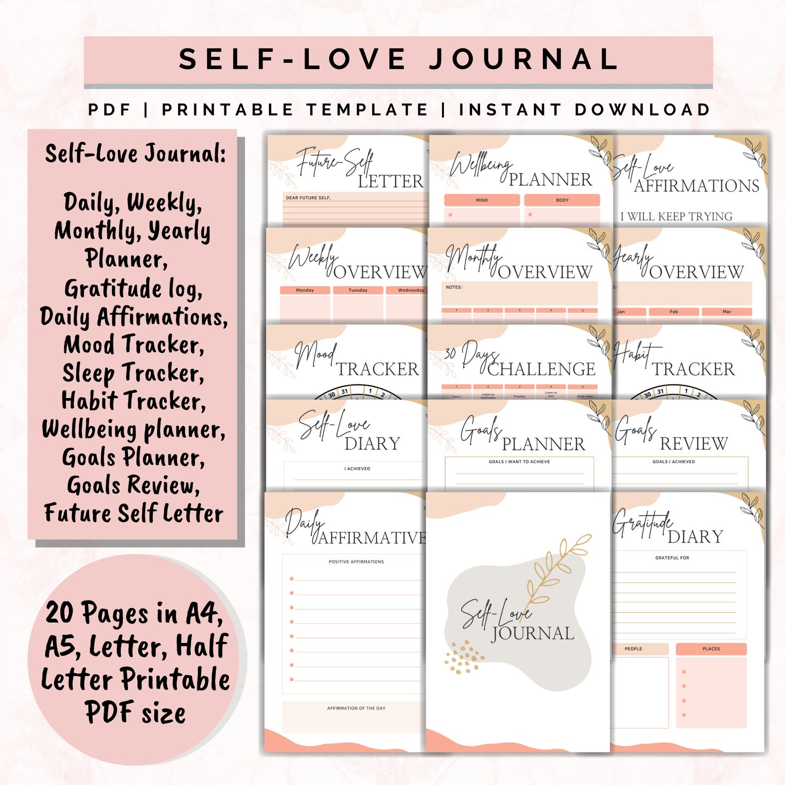 Self Love Journal Printable, Self Care Journal Positivity Affirmation ...