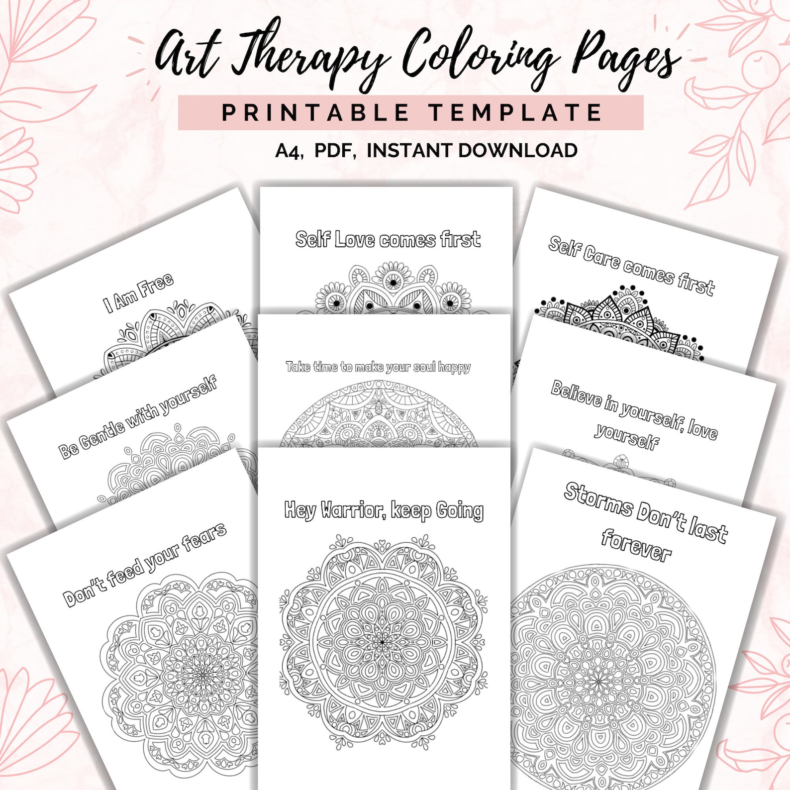 Mandala Coloring 10 Pages Printable, Mental Health, Motivational Quotes ...