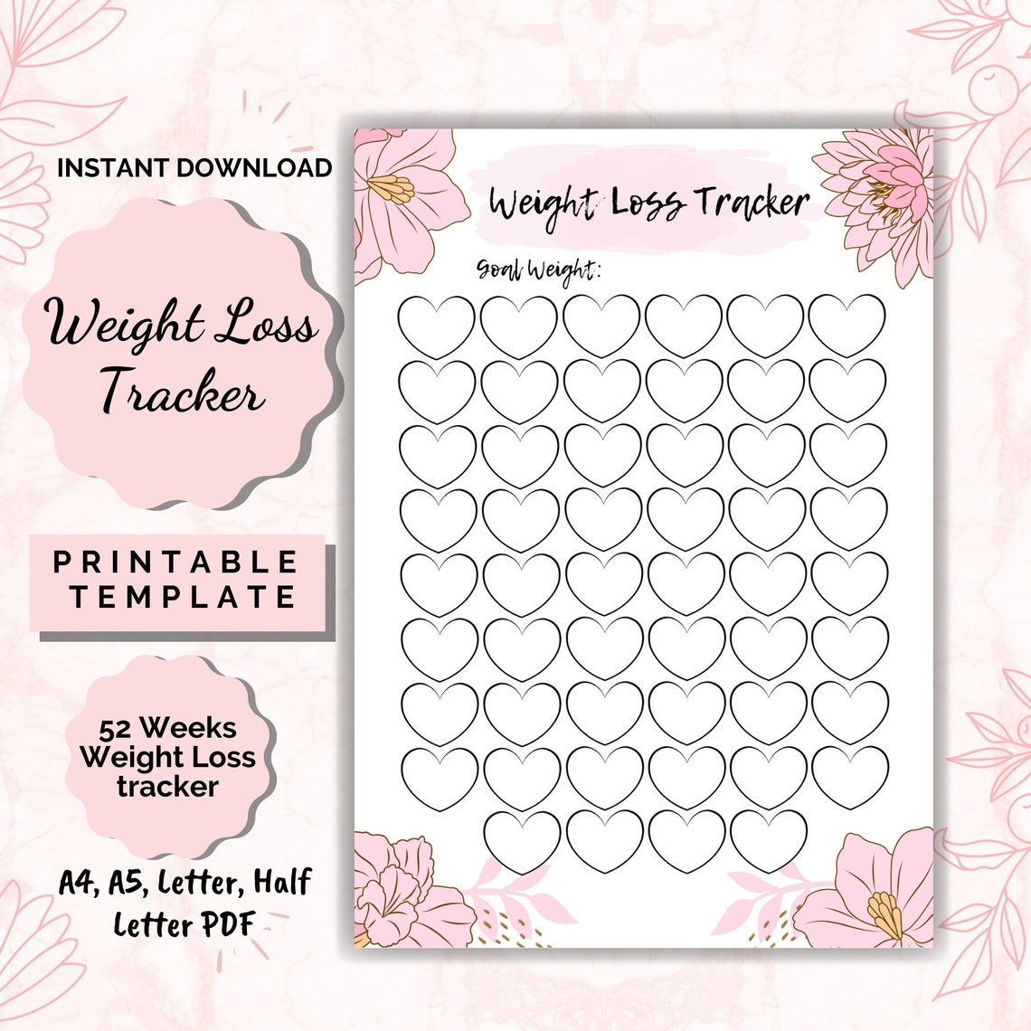 Weight Loss Tracker 52 Weeks Printable Weight Loss Chart | Etsy