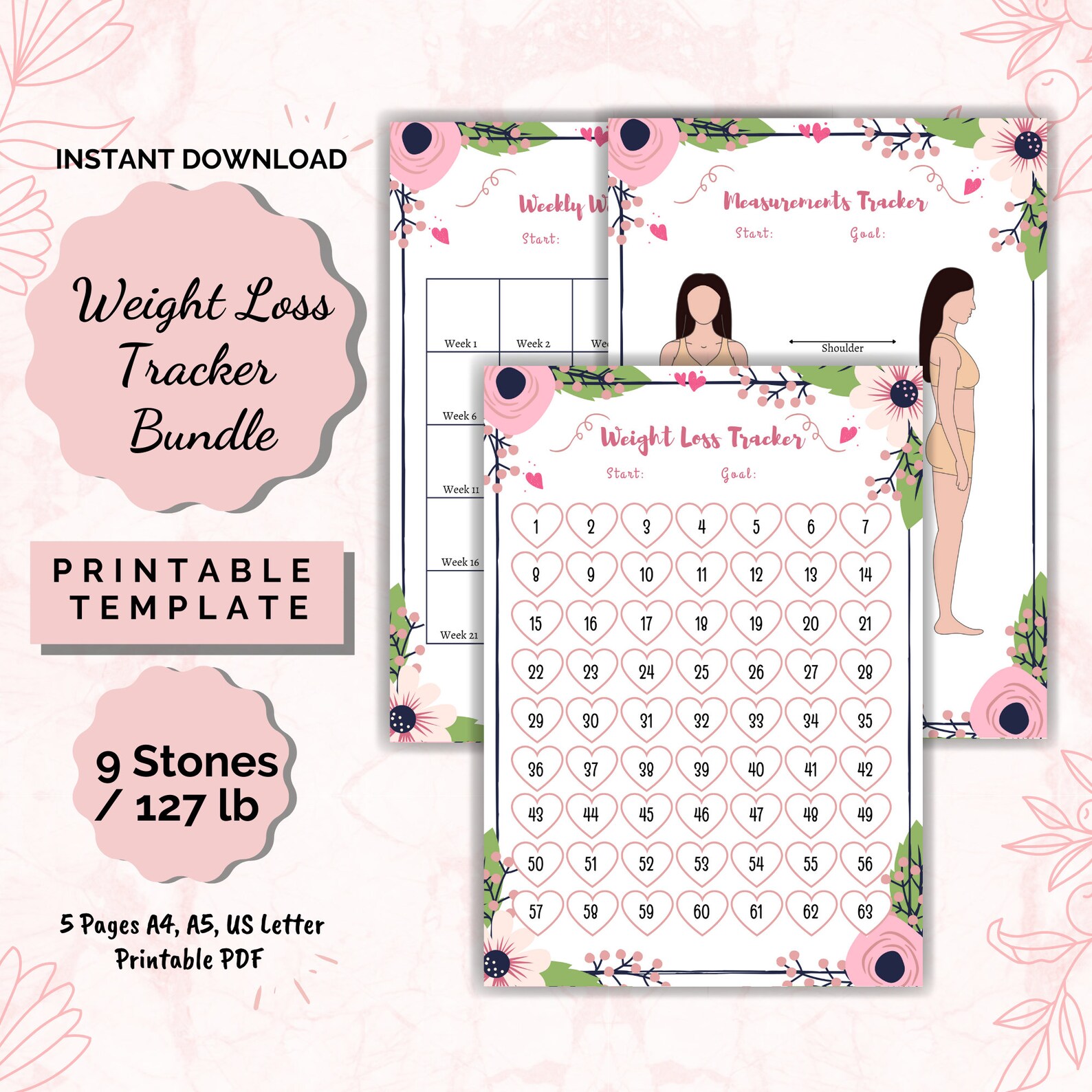 Weight Loss Tracker 9 Stones Printable, 127 Lb Weight Loss Chart ...