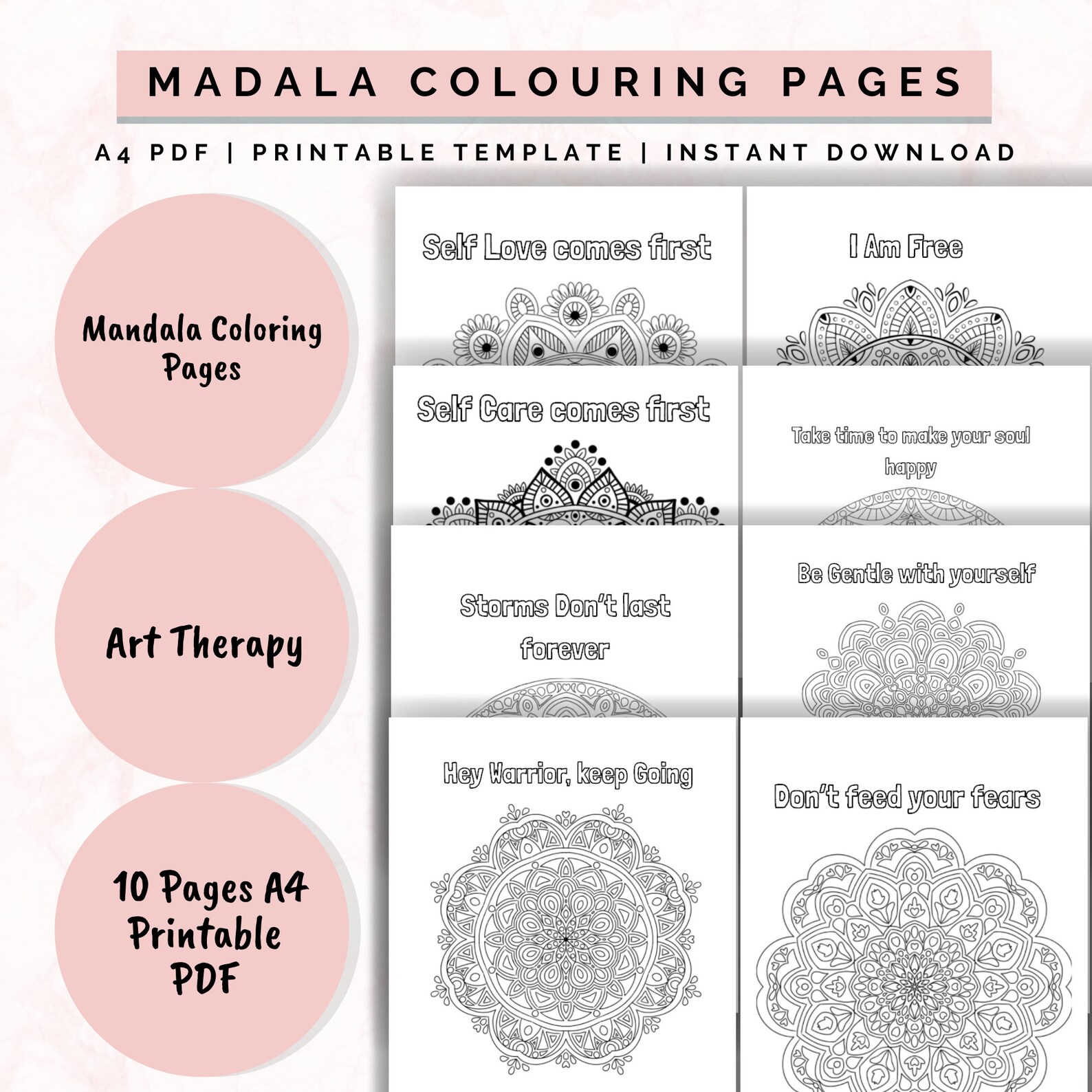 Mandala Coloring 10 Pages Printable, Mental Health, Motivational Quotes ...