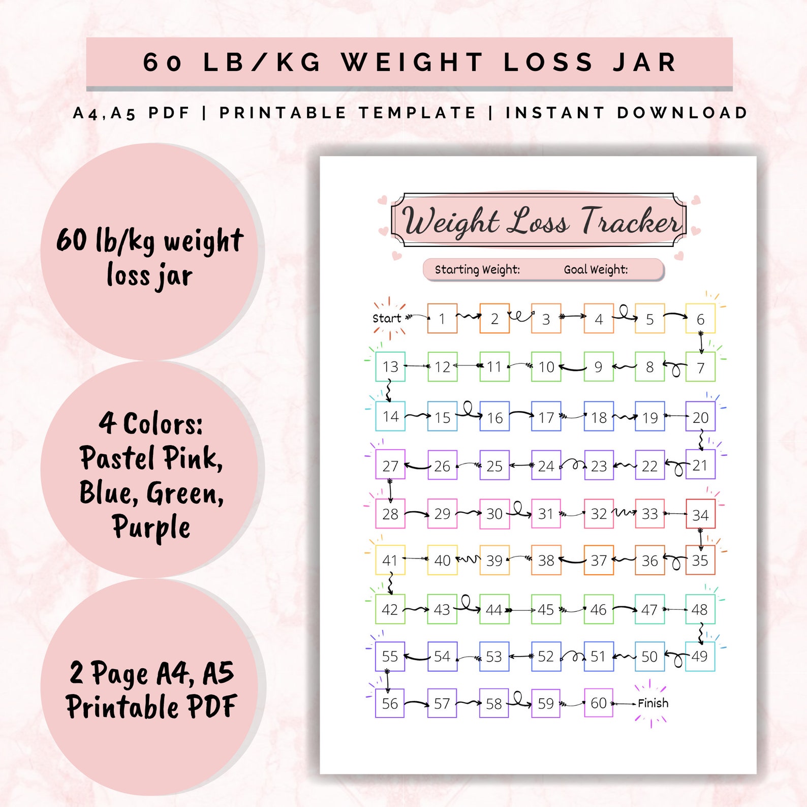 Weight Loss Tracker Printable 60 Lb/kg, Weight Loss Chart Motivational ...