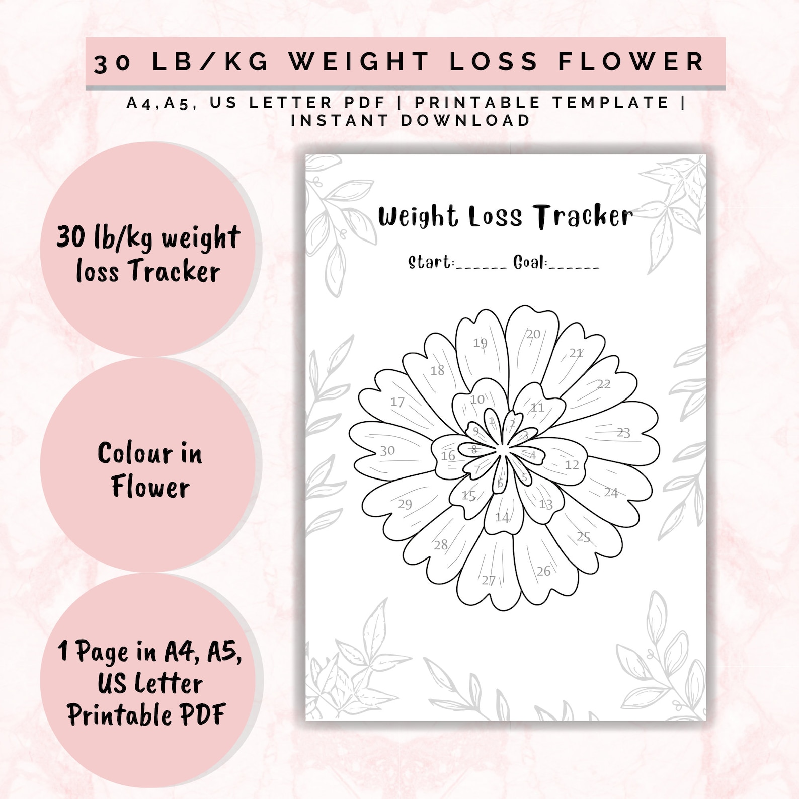 Weight Loss Tracker 30 Lb/kg Printable, Weight Loss Chart Motivational ...