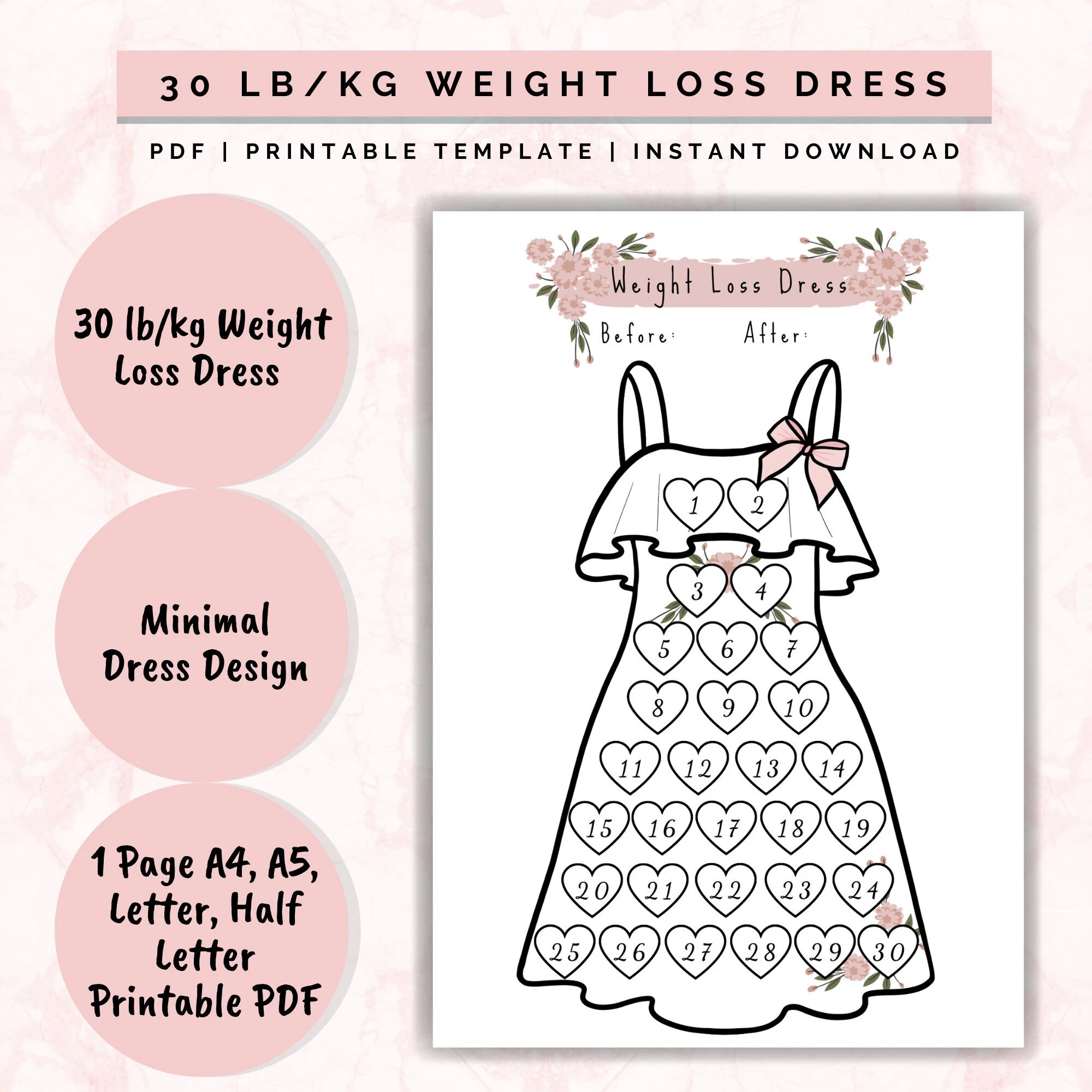 Weight Loss Dress 30 Lb/kg Printable, Weight Loss Chart, Weight Loss ...