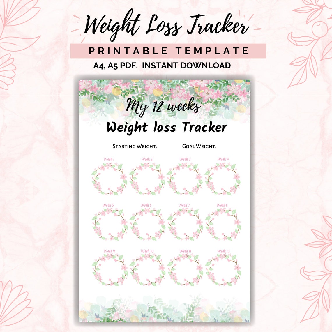 Weight Loss Tracker 12 Weeks Weight Loss Chart Printable - Etsy