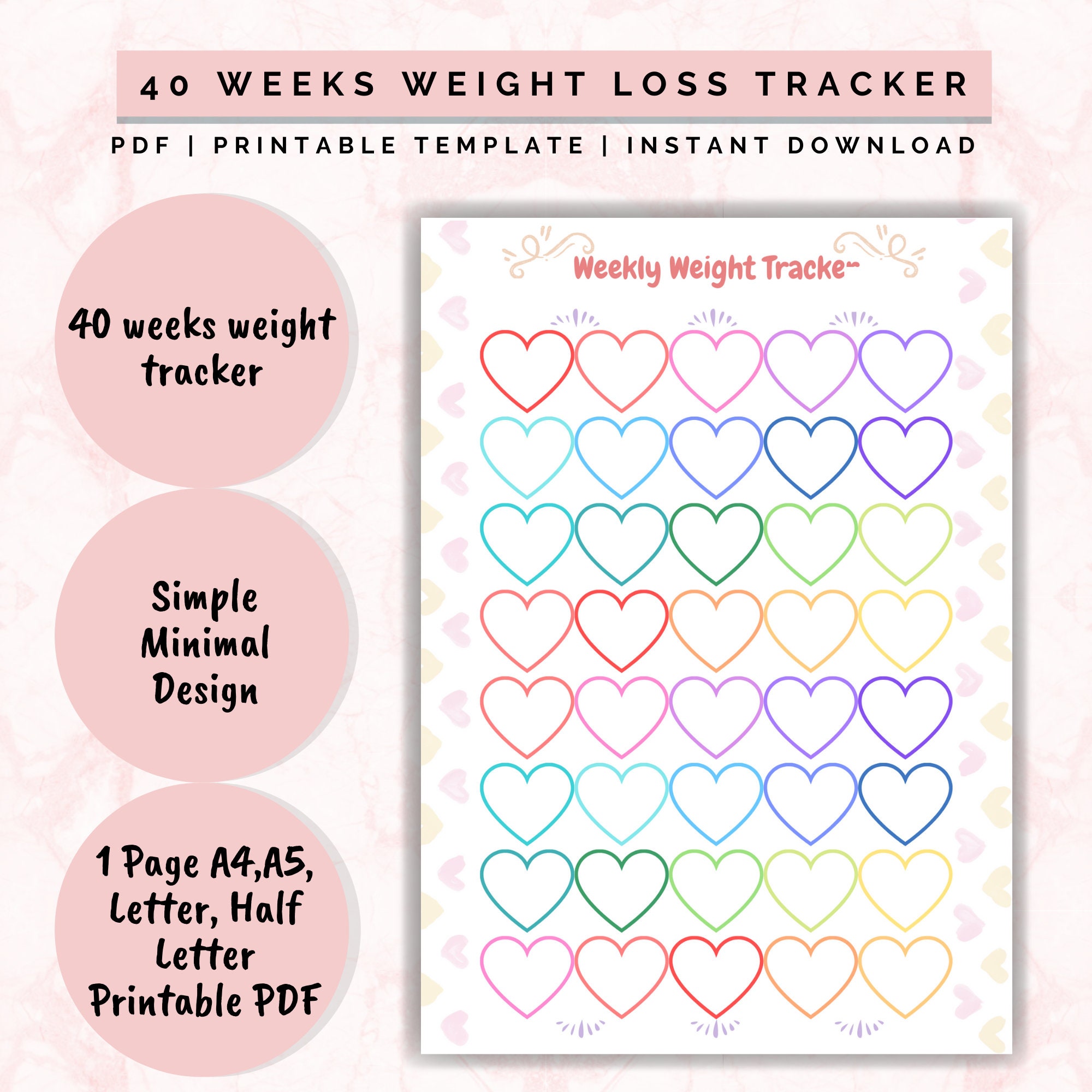 Weight Loss Tracker 40 Weeks, Weight Loss Chart Printable, Motivational ...