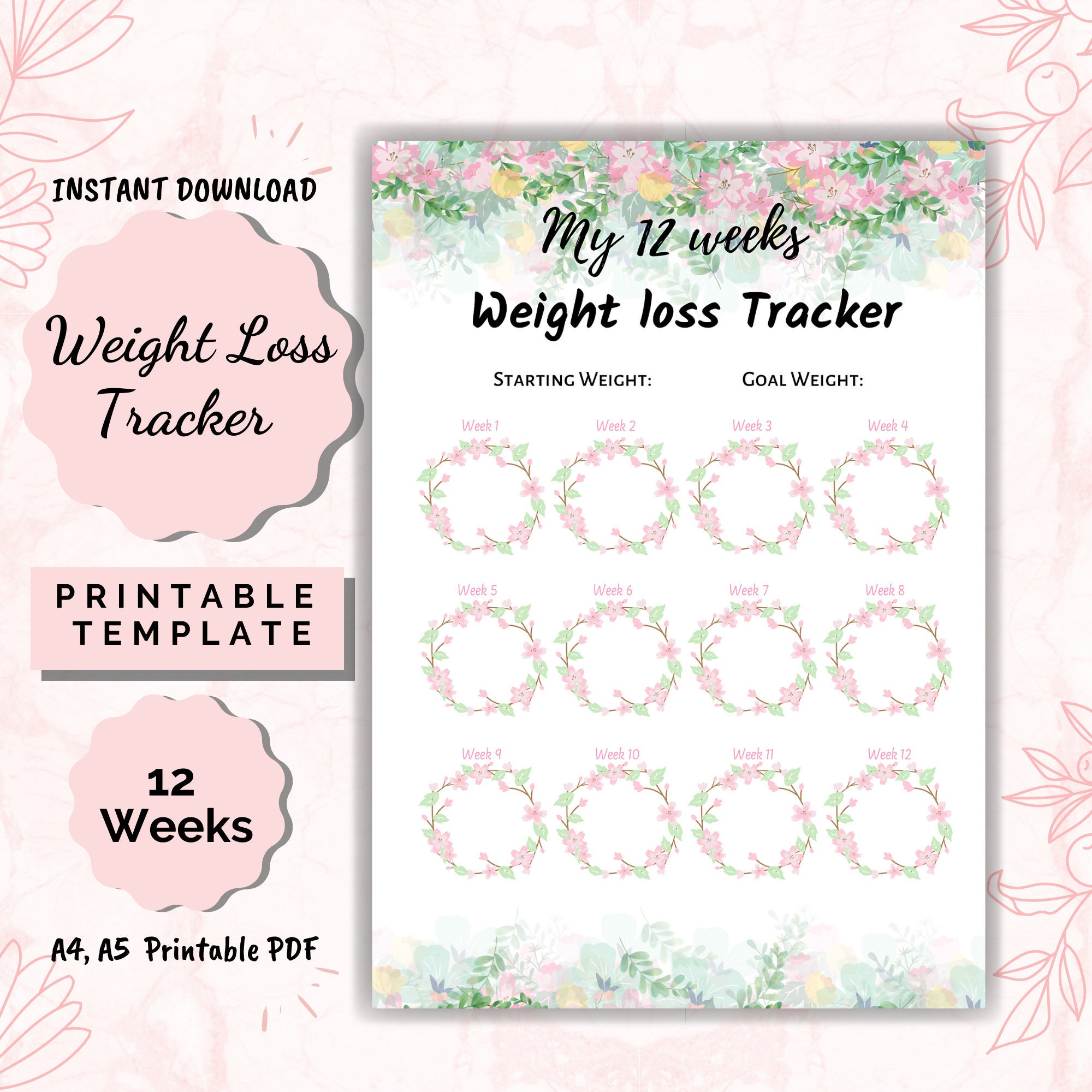 Weight Loss Tracker 12 Weeks, Weight Loss Chart Printable, Motivational ...