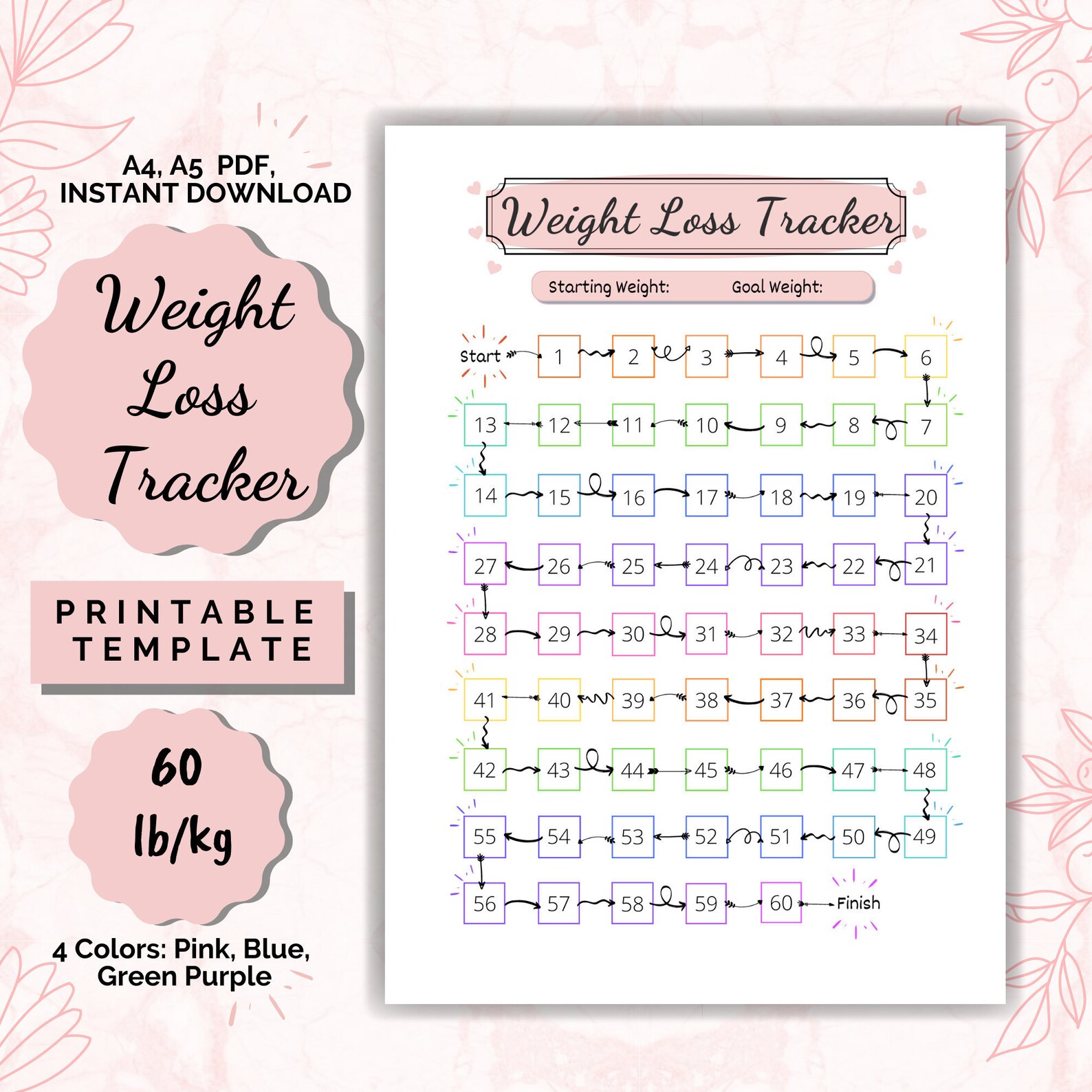 Weight Loss Tracker Printable 60 Lb/kg, Weight Loss Chart Motivational ...