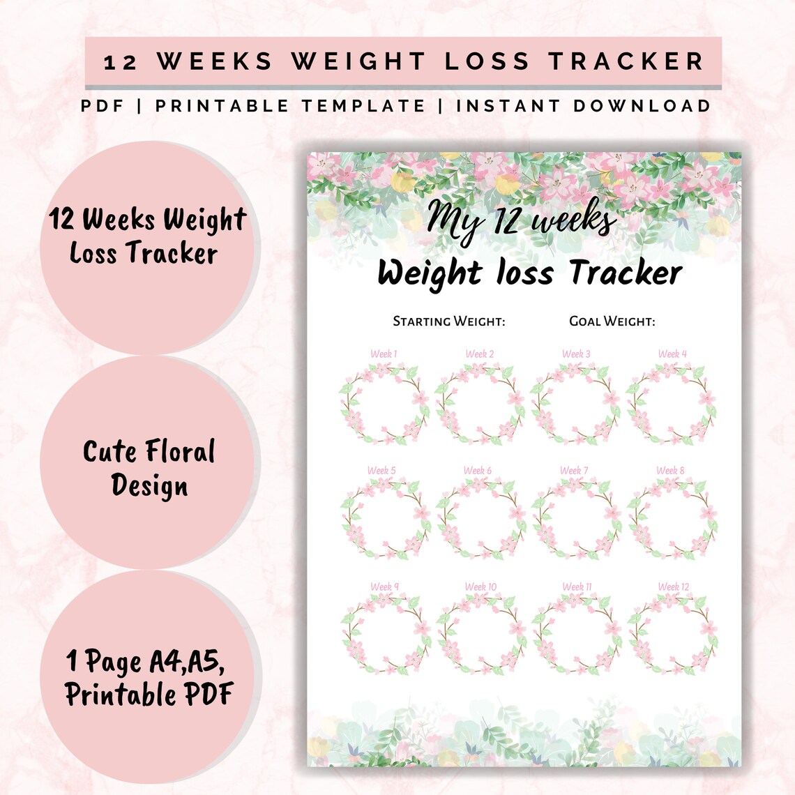 Weight Loss Tracker 12 Weeks, Weight Loss Chart Printable, Motivational ...