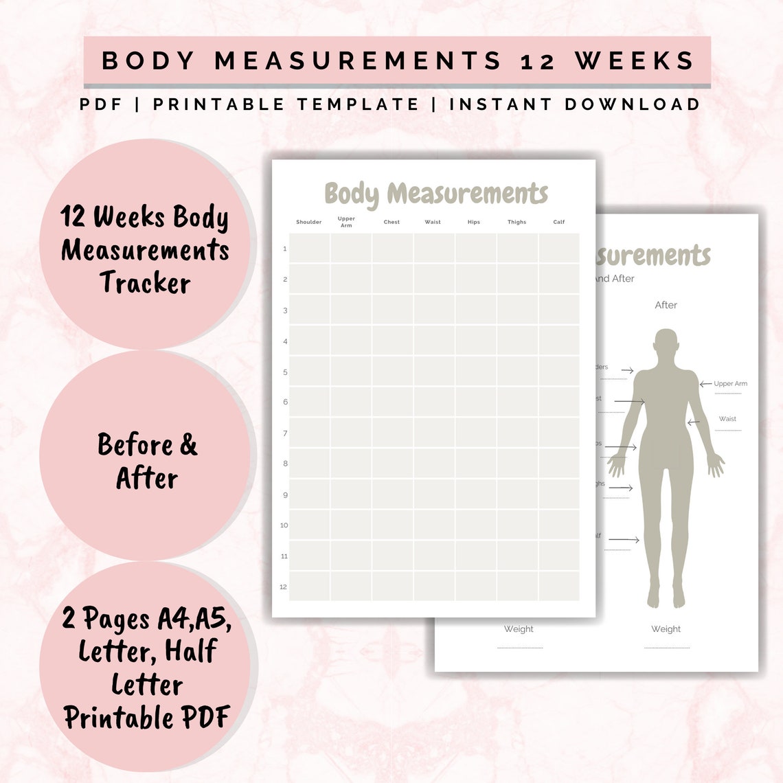 Body Measurements Tracker 12 Weeks, Measurement Printable, Weight Loss ...