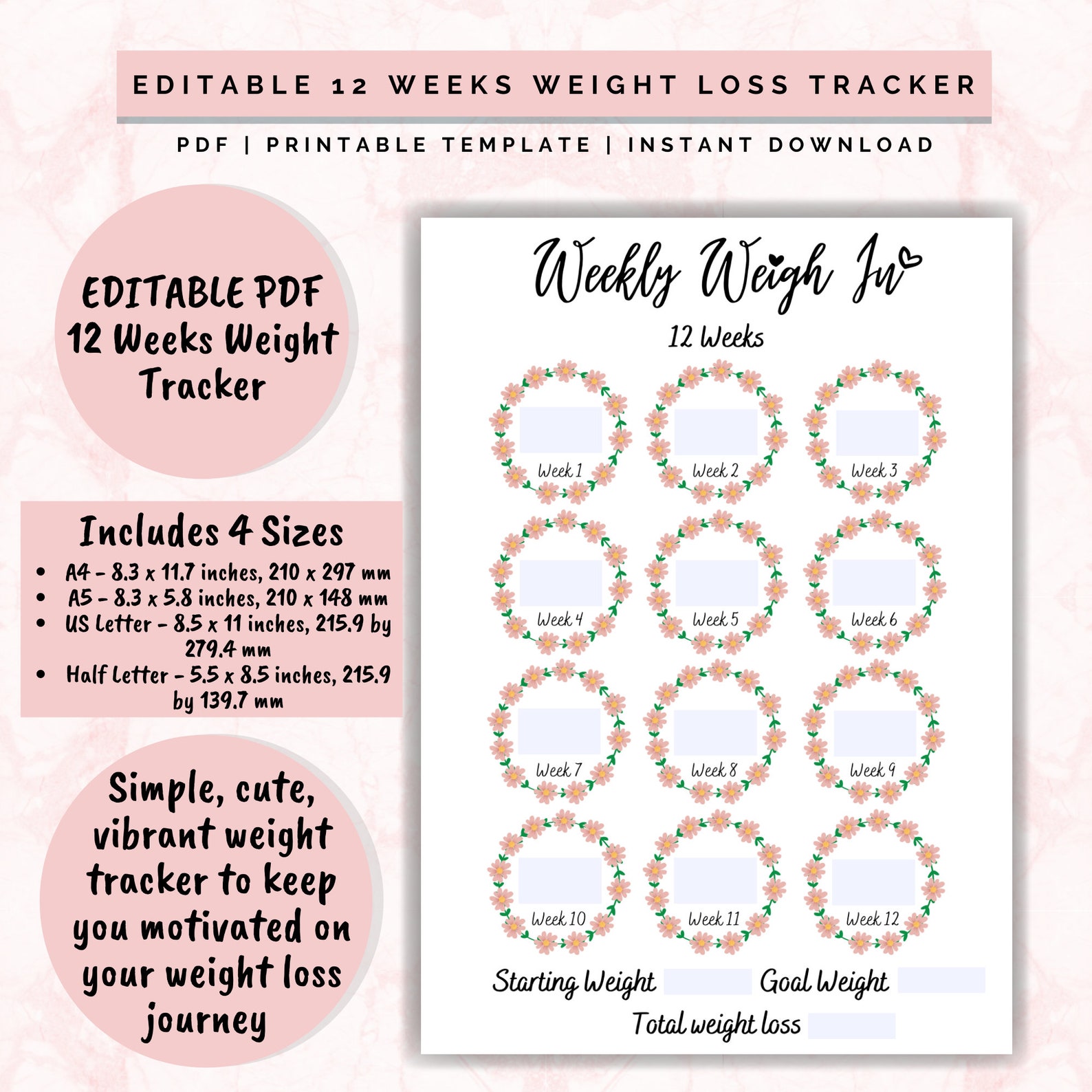 EDITABLE PDF Weight Loss Tracker 12 Weeks, Weight Loss Chart ...