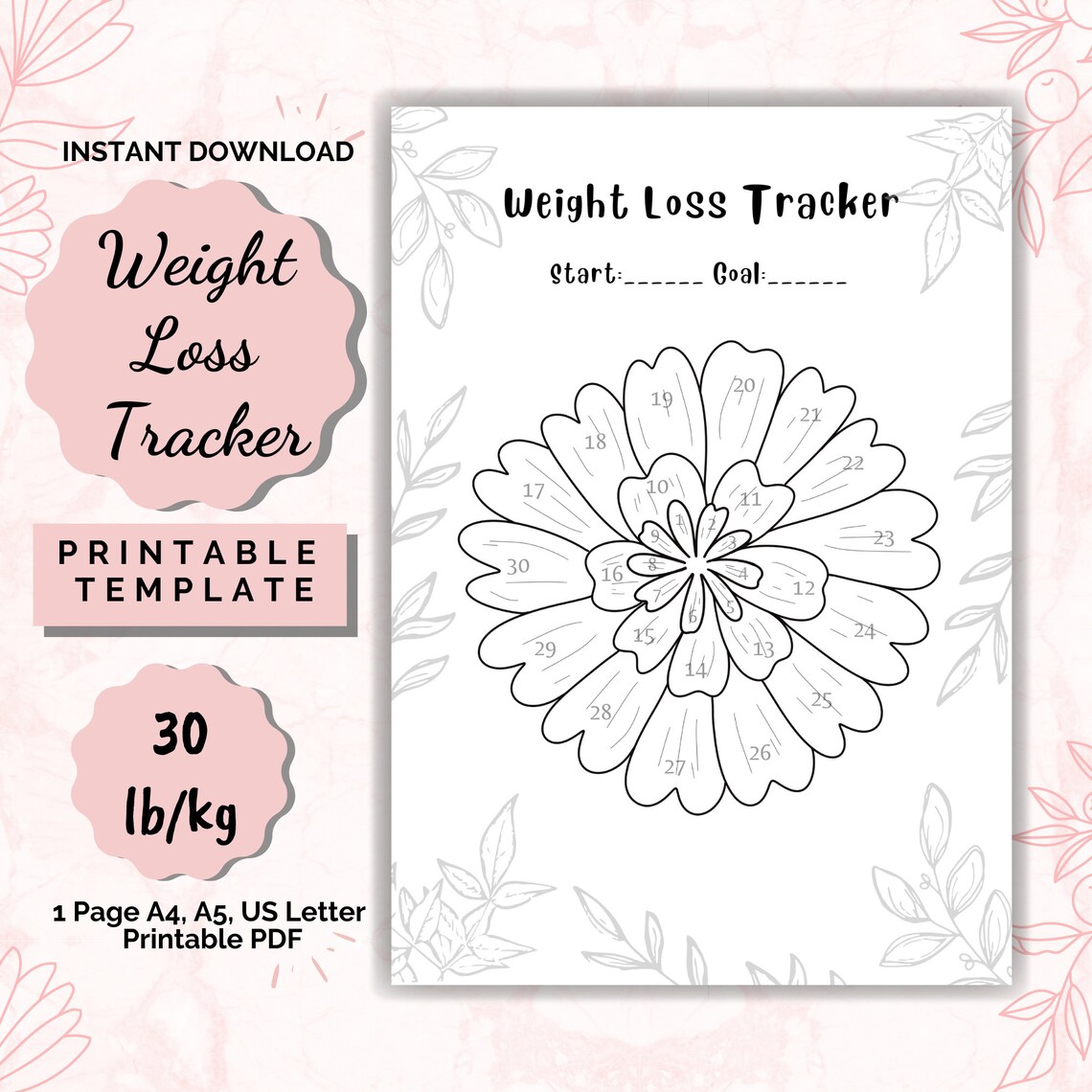 Weight Loss Tracker 30 Lb/kg Printable, Weight Loss Chart Motivational ...
