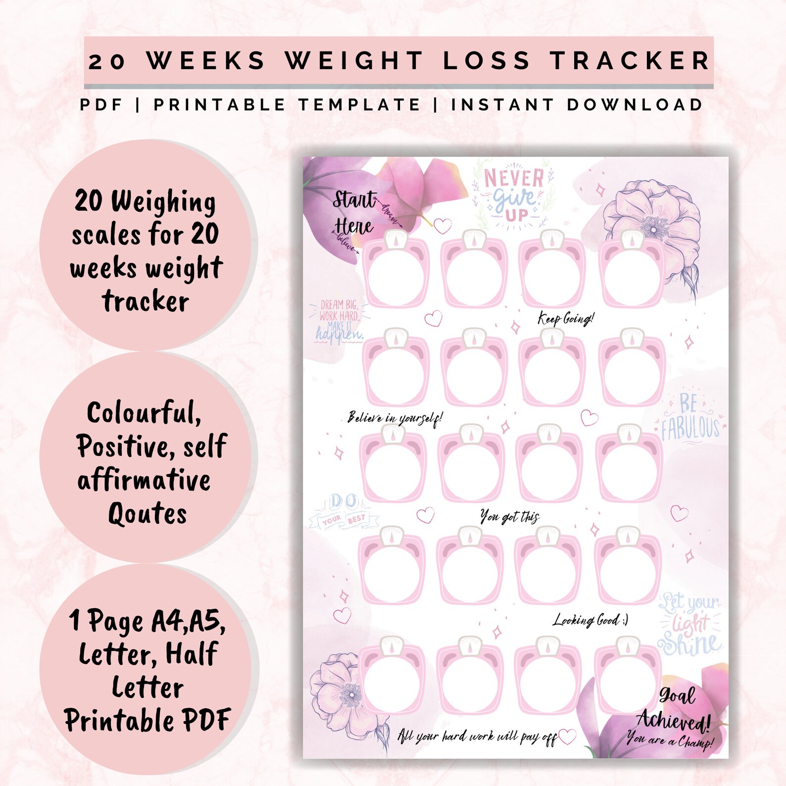 Weight Loss Tracker 20 Weeks, Weight Loss Chart, Motivational Chart ...