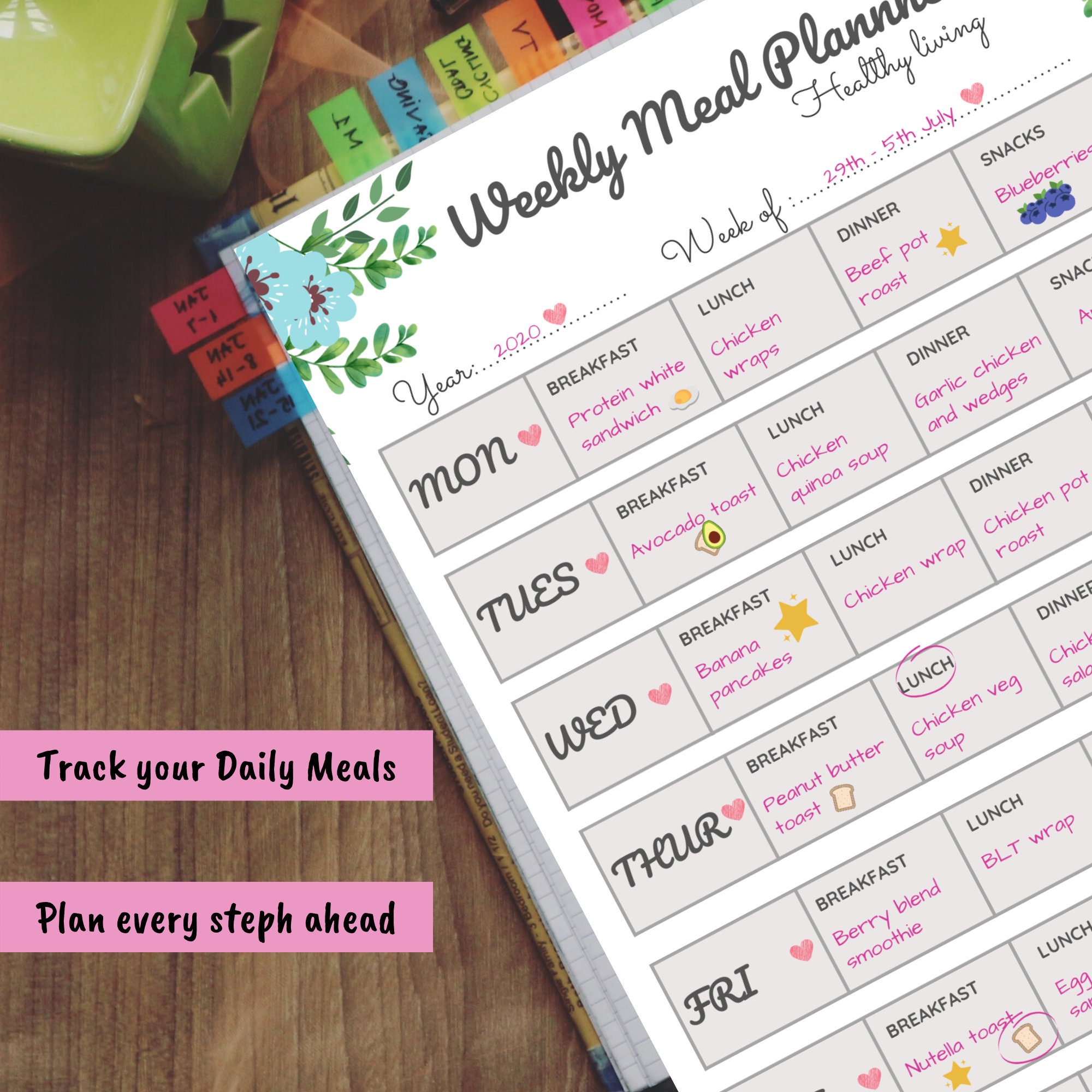 Weekly Meal Planner Printable, Weekly Food Diary, Meal Organiser, Food ...