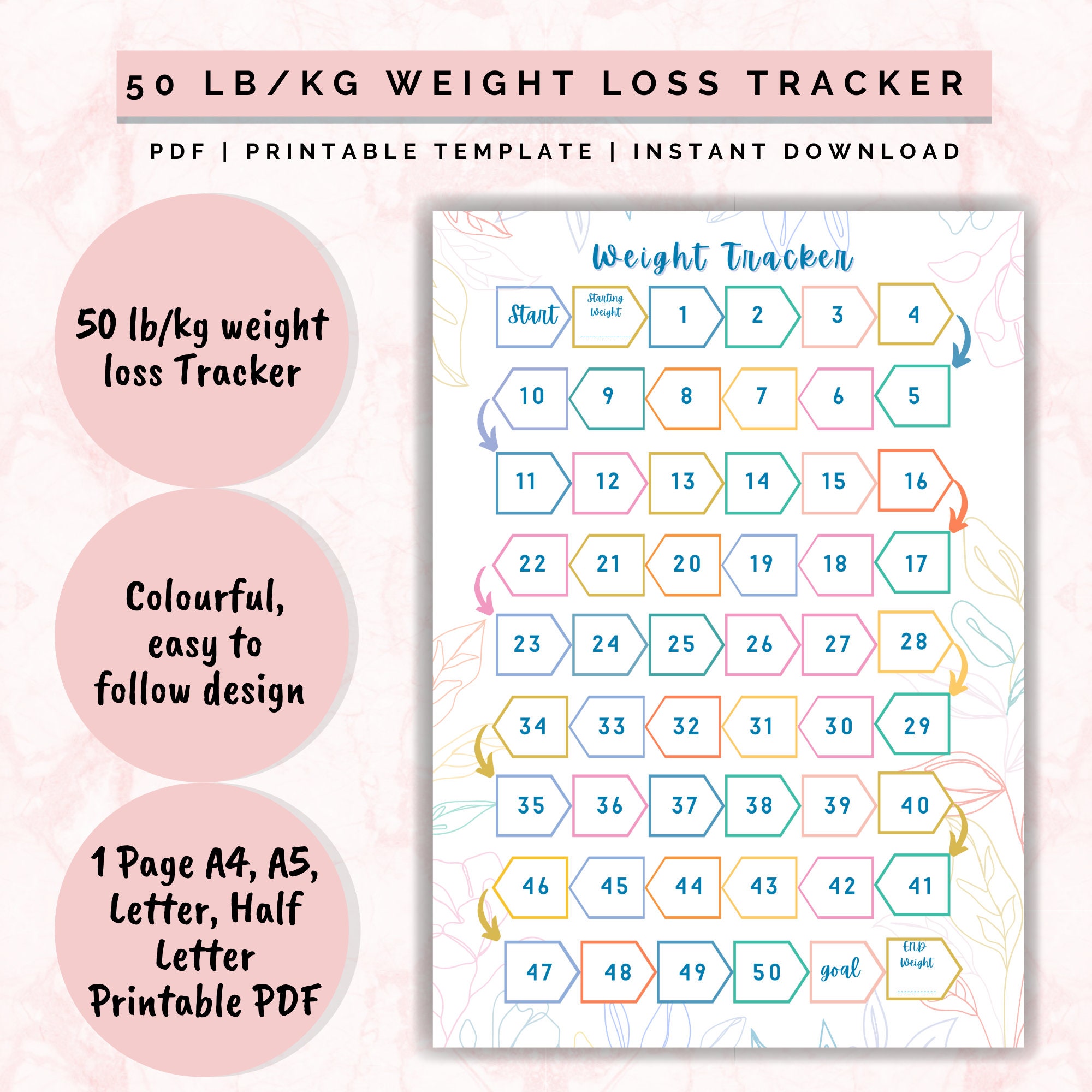 Weight Loss 50 Lb/kg Printable, Weight Loss Chart, Weight Loss Planner ...