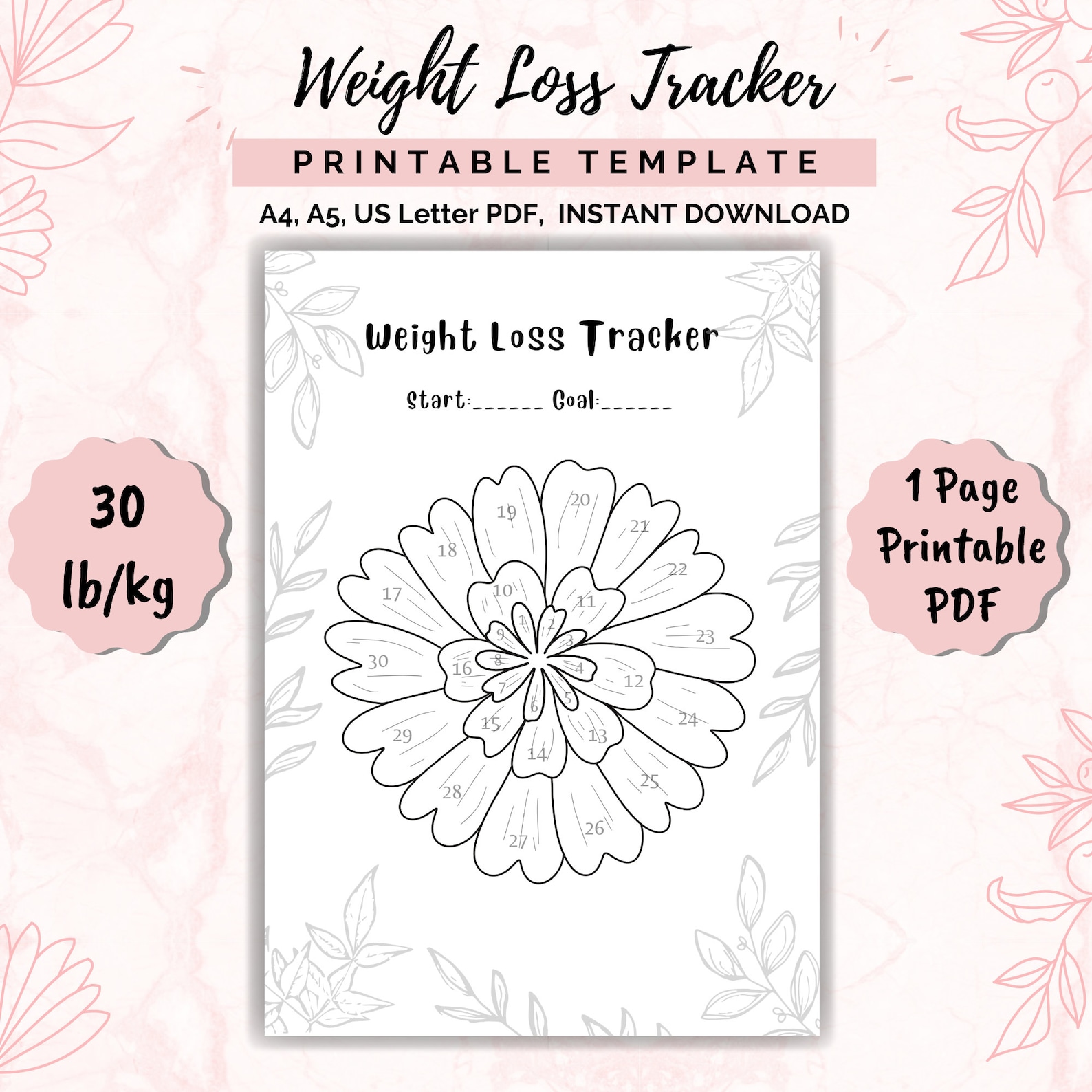 Weight Loss Tracker 30 Lb/kg Printable, Weight Loss Chart Motivational ...
