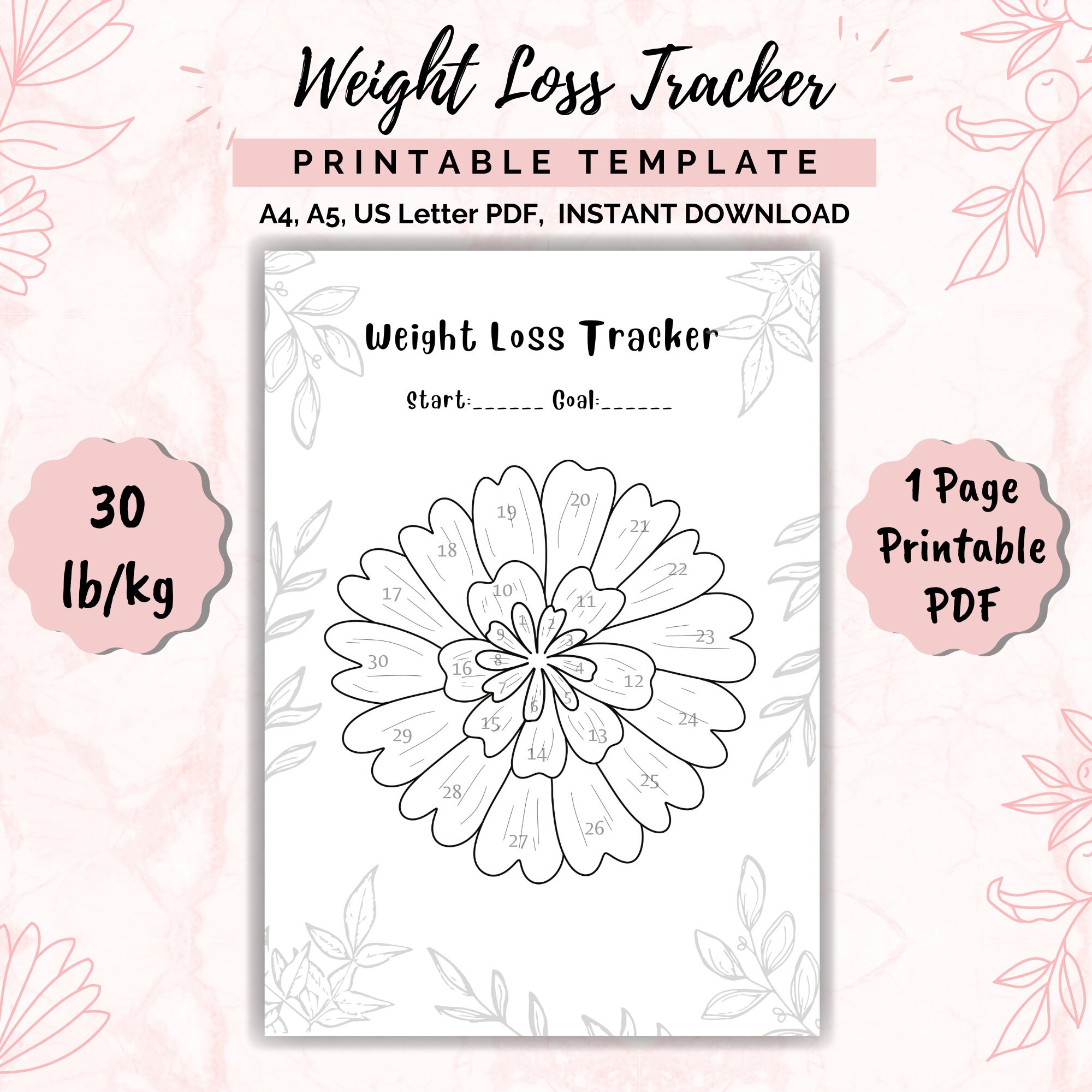 Weight Loss Tracker 30 Lb/kg Printable, Weight Loss Chart Motivational ...