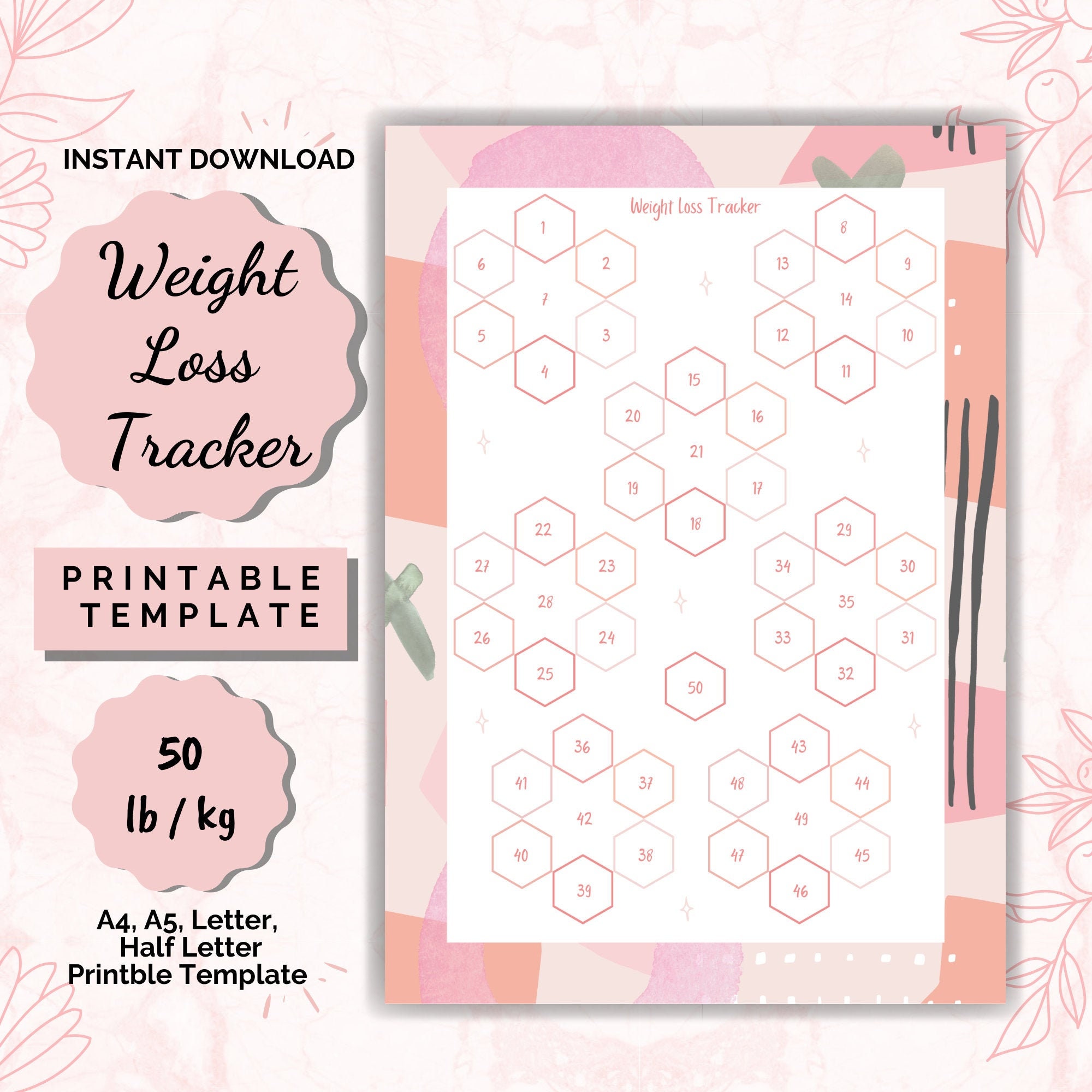 Weight Loss Tracker Printable 50 Lb/kg, Weight Loss Chart Motivational ...