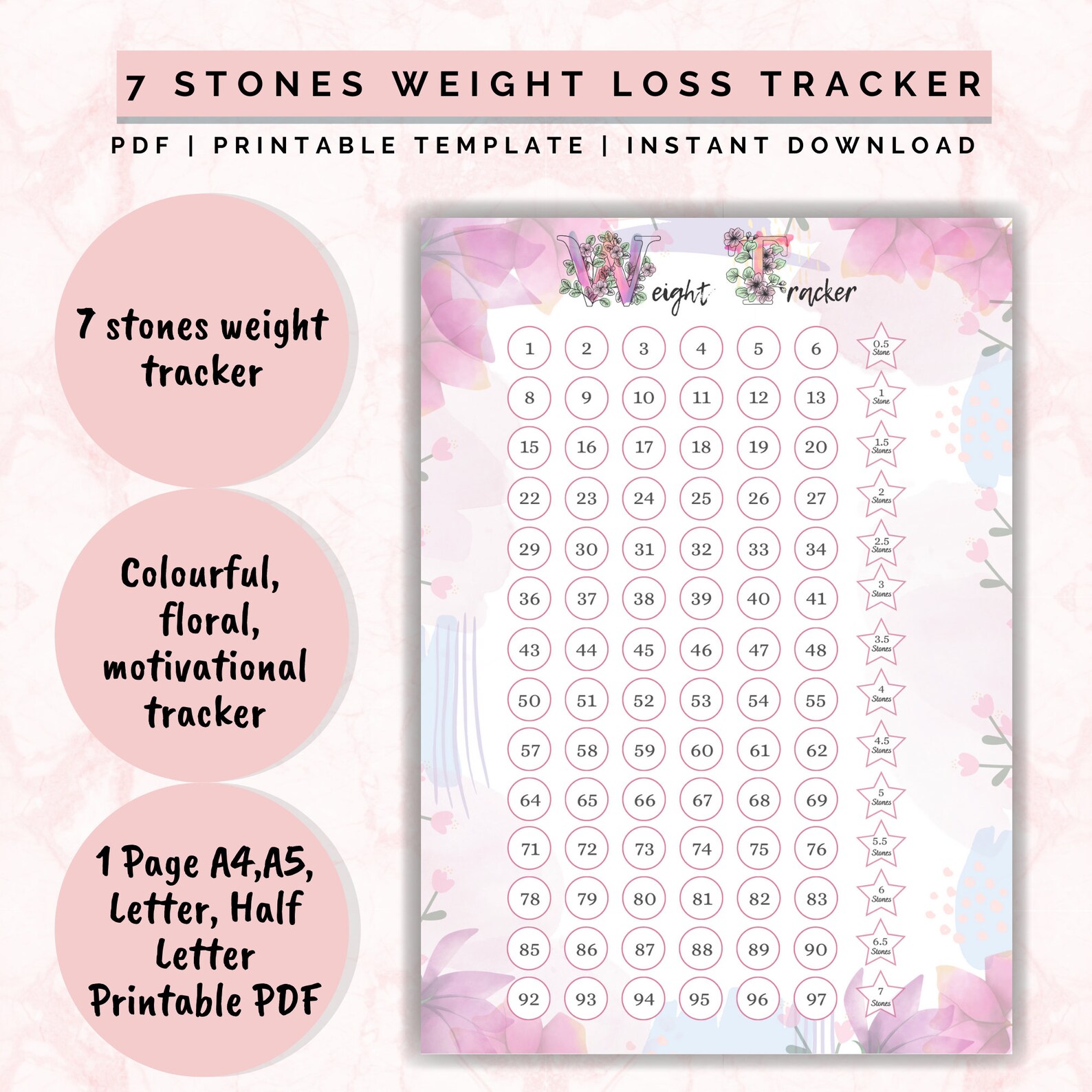 Weight Loss Tracker 7 Stones / 98lbs, Motivational Chart, Weight Loss ...