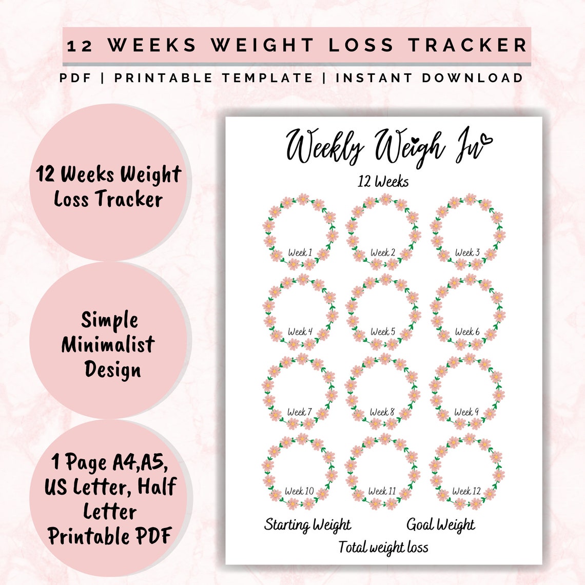 Weight Tracker 12 Weeks Weight Loss Chart Motivational | Etsy