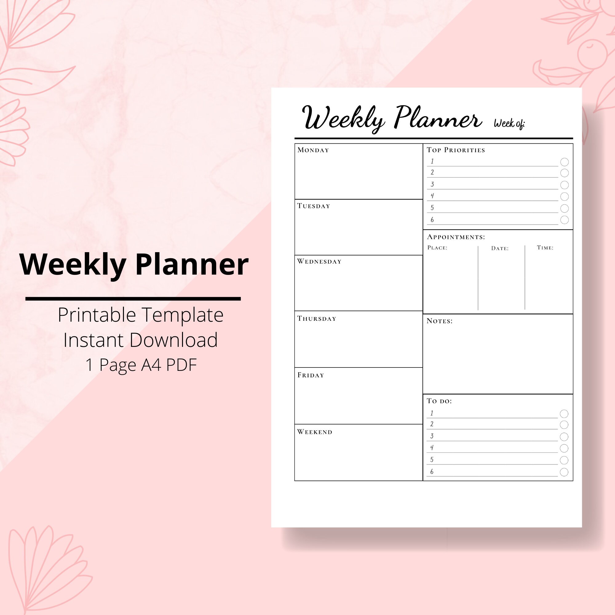 Weekly Planner, Weekly Tracker, Weekly Organizer, Weekly Schedule ...