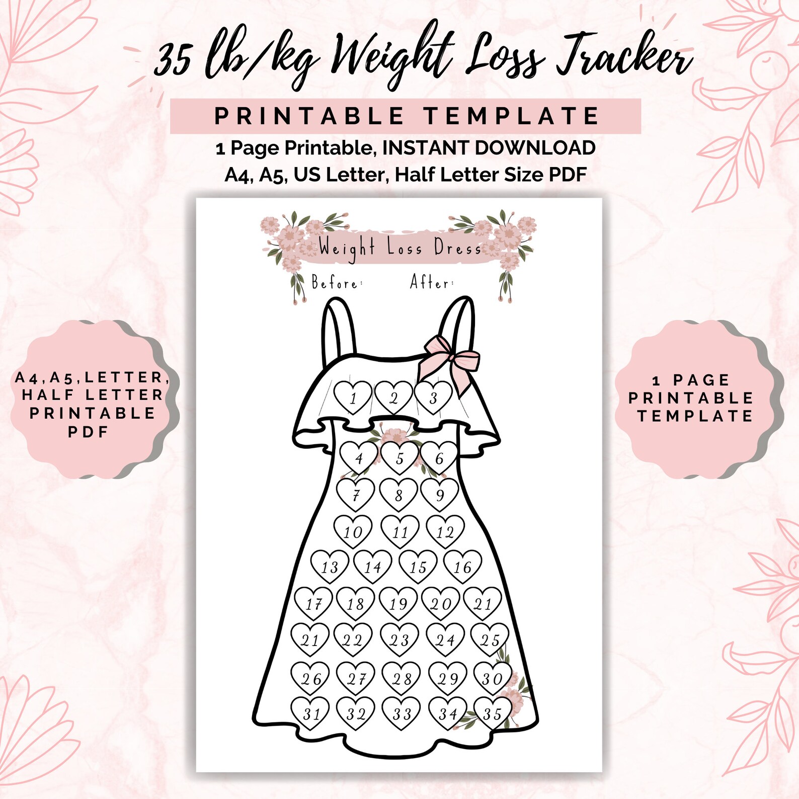 Weight Loss Dress 35 Lb/kg Printable, Weight Loss Chart, Weight Loss ...
