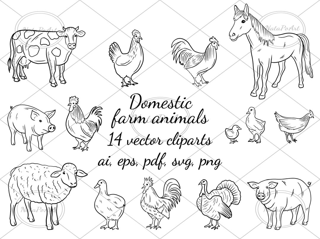 Farm Animals Vector Clipart, Domestic Animals, Pig Png, Cow, Rooster ...
