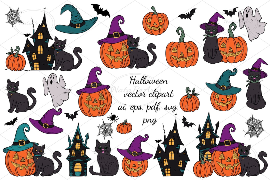 Vector Halloween Clipart, Carved Jack-o-lantern Svg, Witch Hat, Black ...