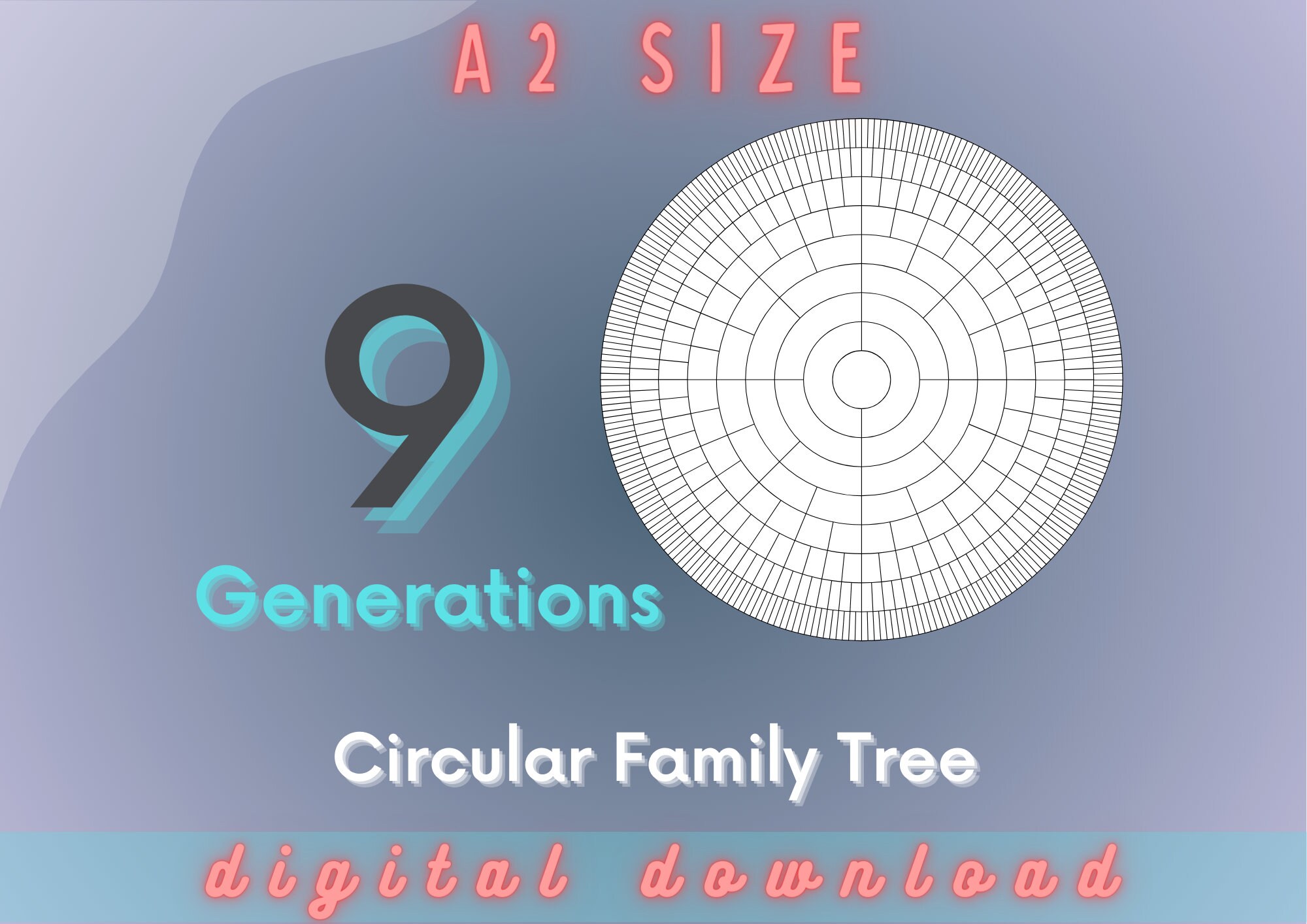 9 Generation Circular Family Tree A2 Printable Custom Ancestral Template Genealogy Design Round ...