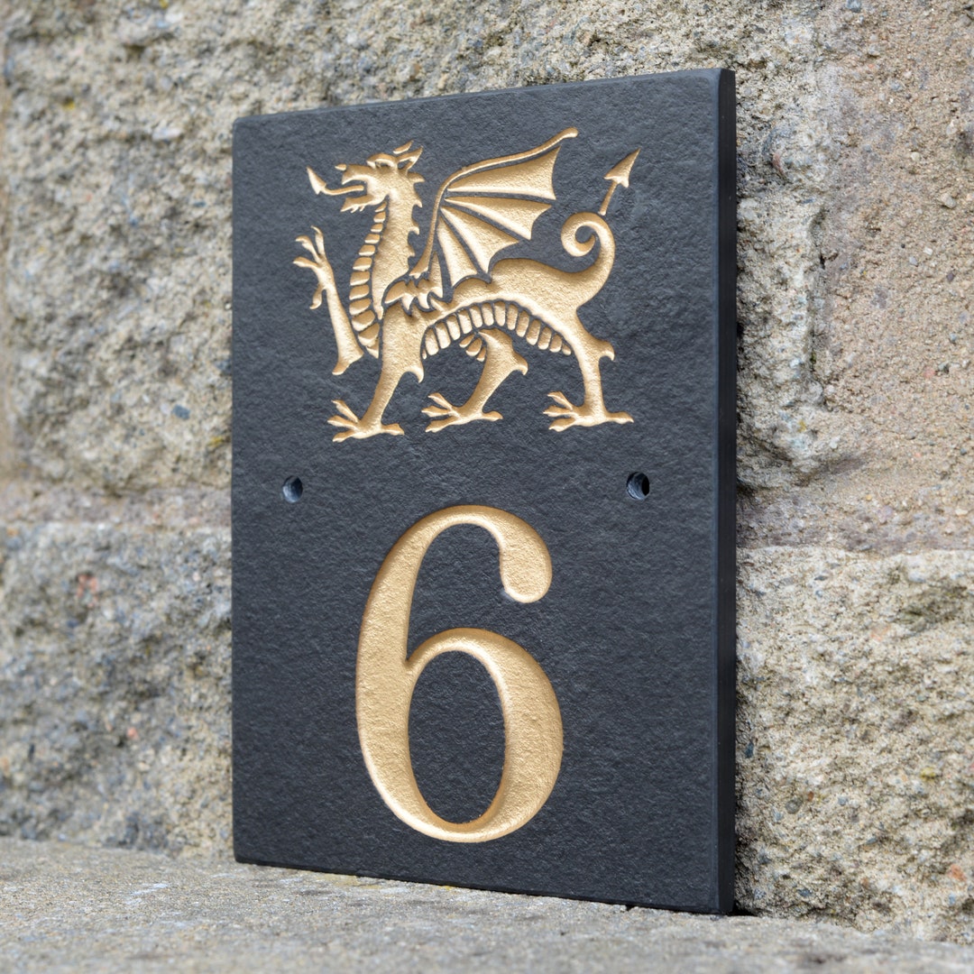 Welsh Dragon House Sign, Engraved Door Number Plaque, Gold Silver or ...