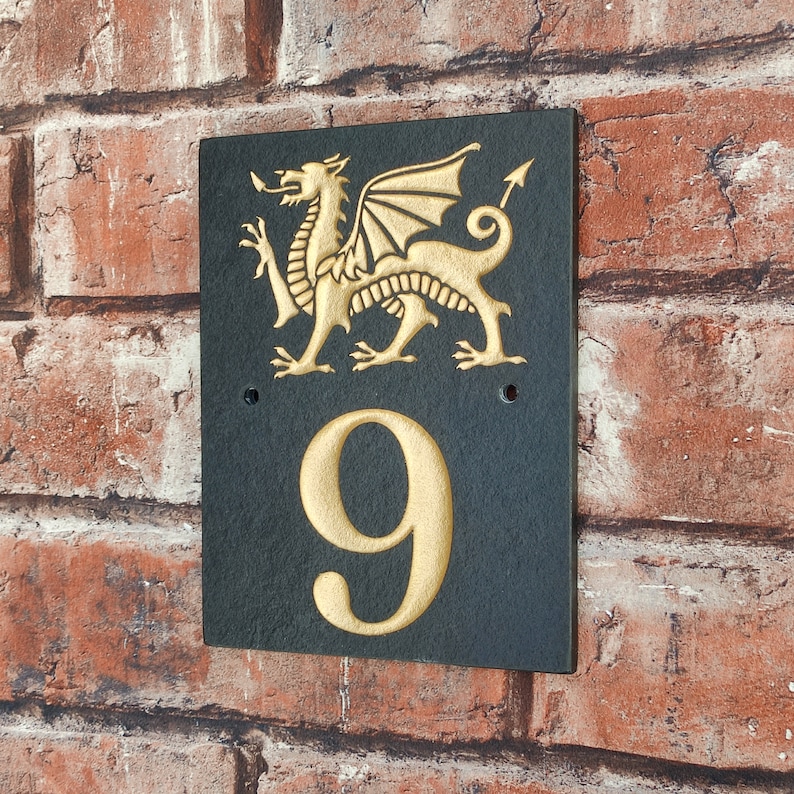 Welsh Dragon House Sign, Engraved Door Number Plaque, Gold Silver or ...