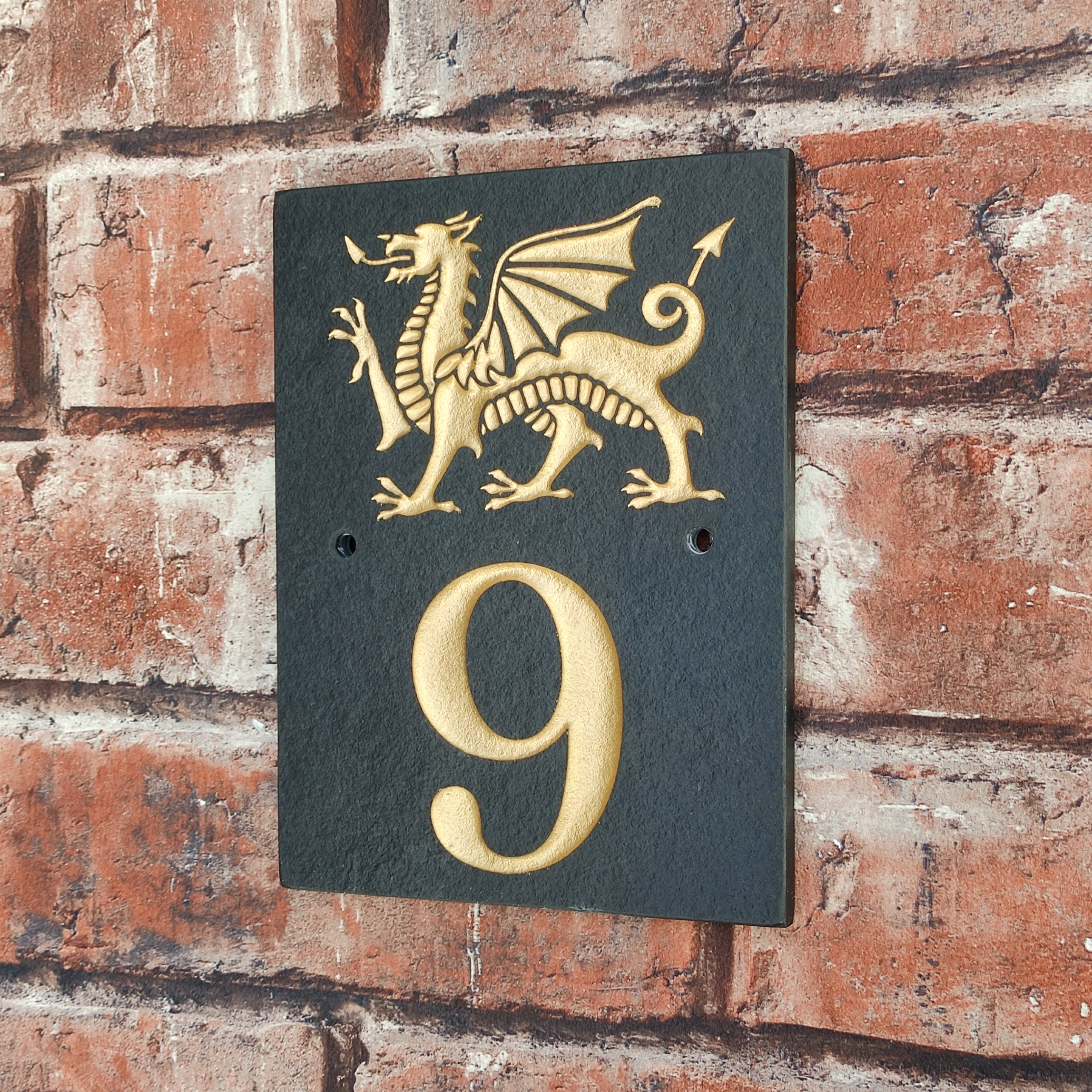 Welsh Dragon House Sign, Engraved Door Number Plaque, Gold Silver or ...