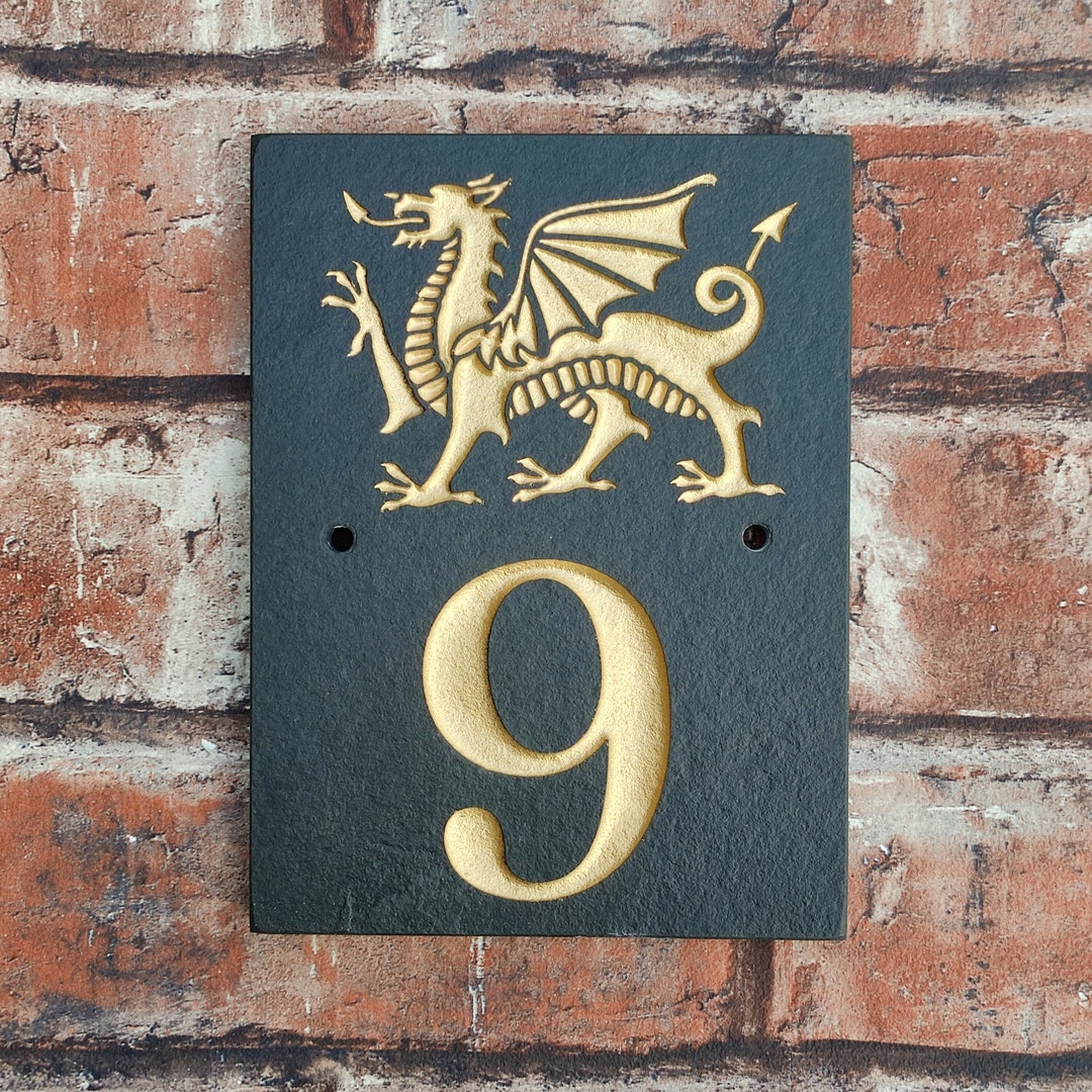 Welsh Dragon House Sign, Engraved Door Number Plaque, Gold Silver or ...