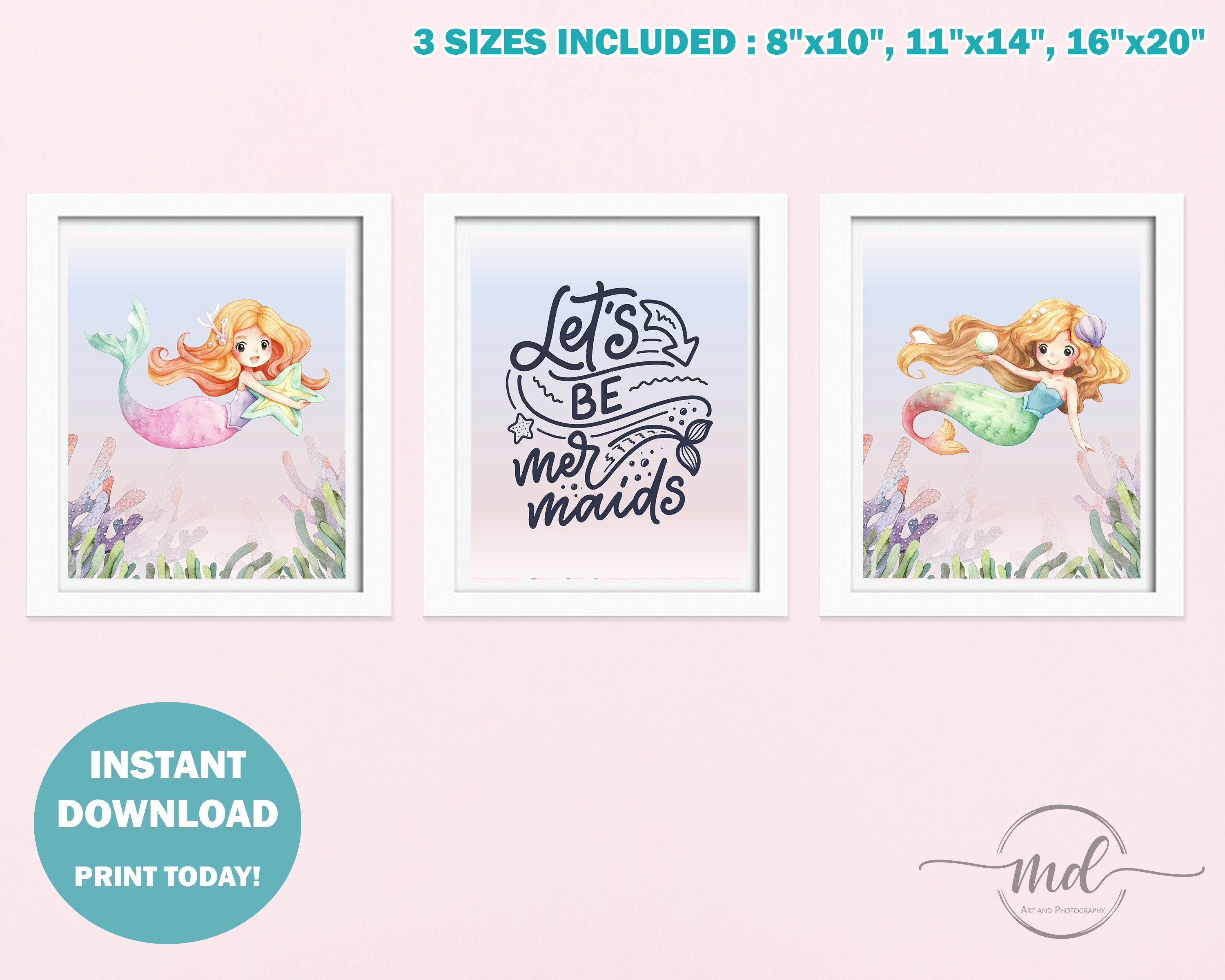 Mermaid Wall Decor Set, Wall Art, Mermaid Posters, Template, Digital ...