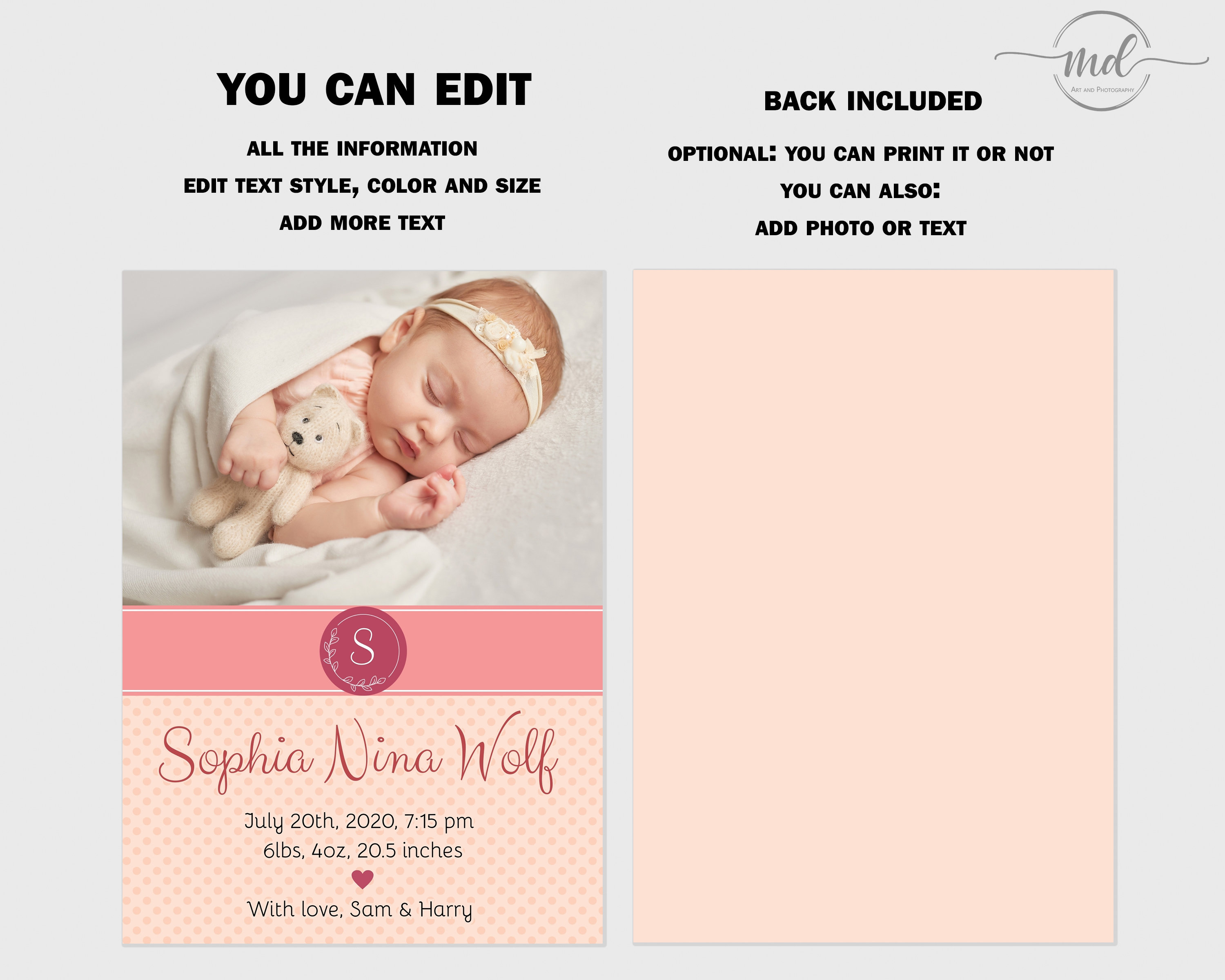 Birth Announcement Template for Baby Girl, Photo Baby Announcement Card ...