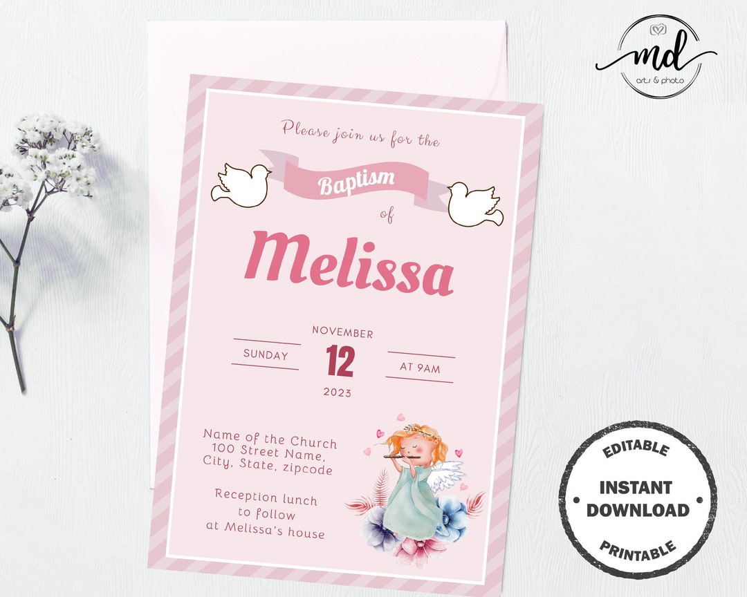 Pink Angel Baptism Invitation Template: Editable Christening Invite ...