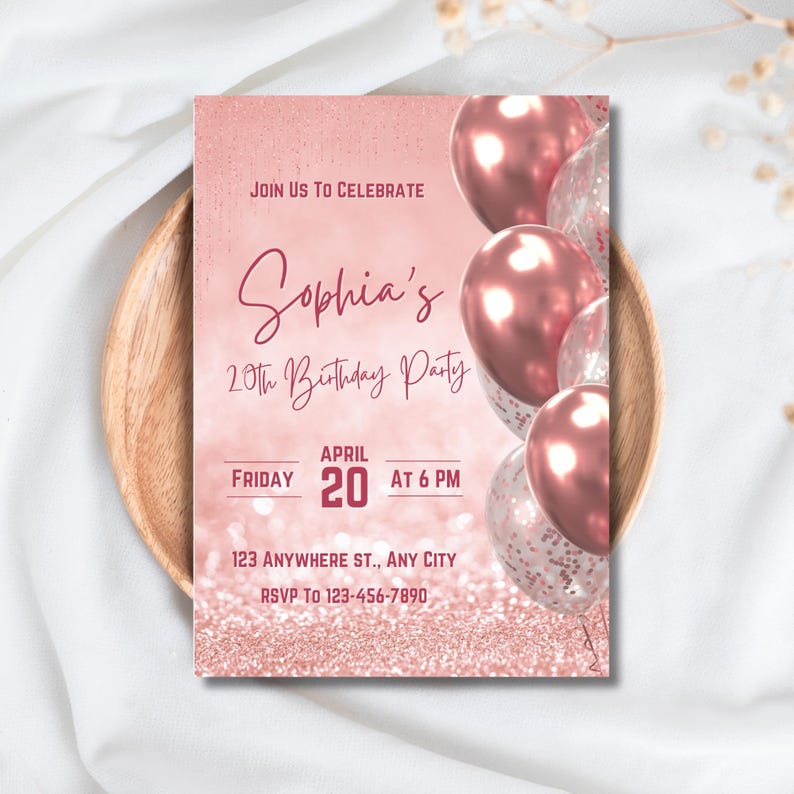 Rose Gold Birthday Invitation Any Age Editable Digital Template ...