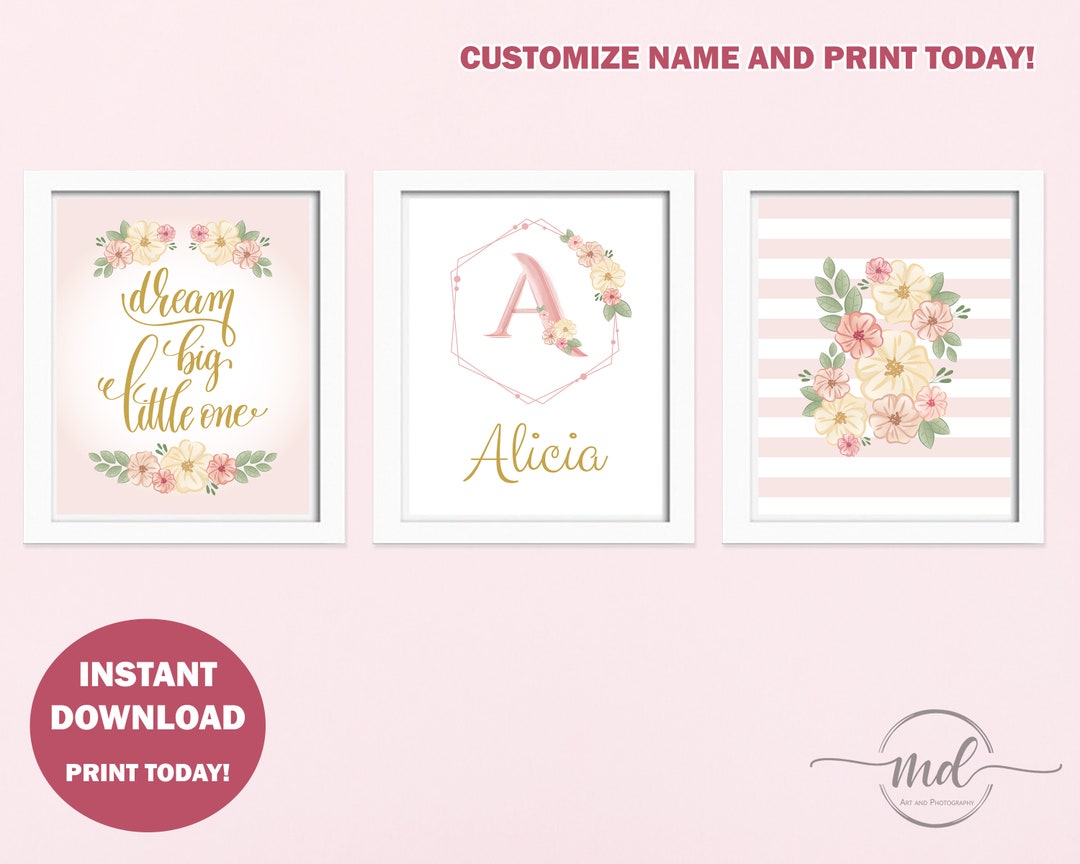 Floral Nursery Decor Printable Set: Gold, Blush Pink, Alphabet and ...